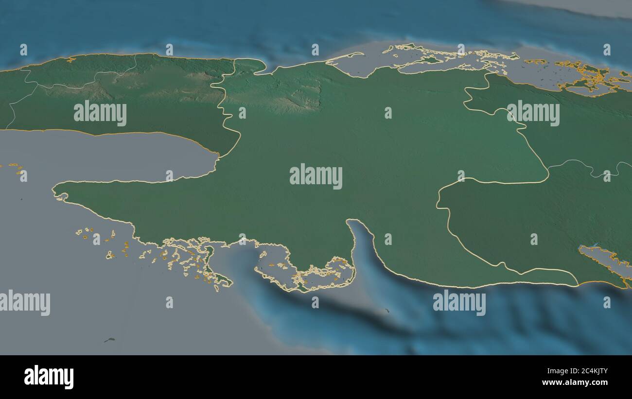 Zoom in on Matanzas (province of Cuba) outlined. Oblique perspective ...