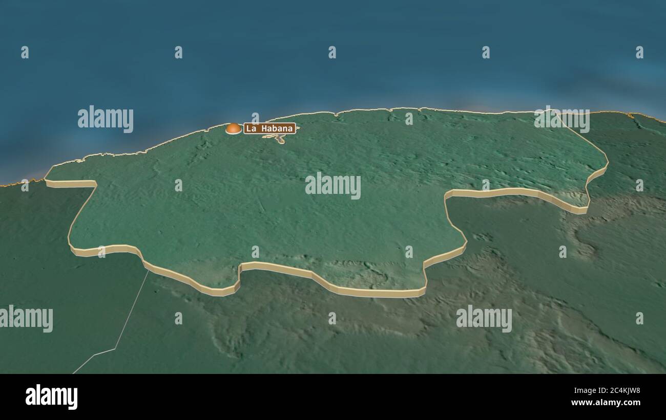Zoom in on La Habana (province of Cuba) extruded. Oblique perspective ...