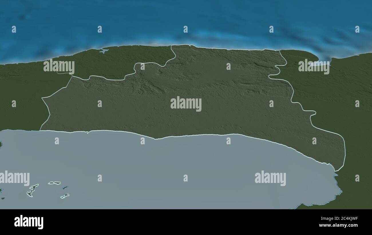 Zoom in on Mayabeque (province of Cuba) outlined. Oblique perspective ...