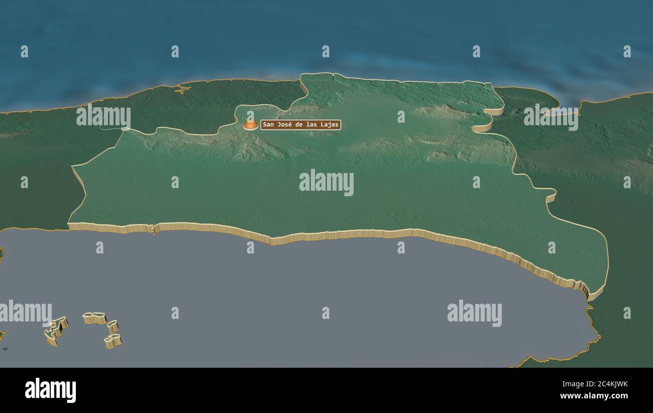 Zoom in on Mayabeque (province of Cuba) extruded. Oblique perspective ...