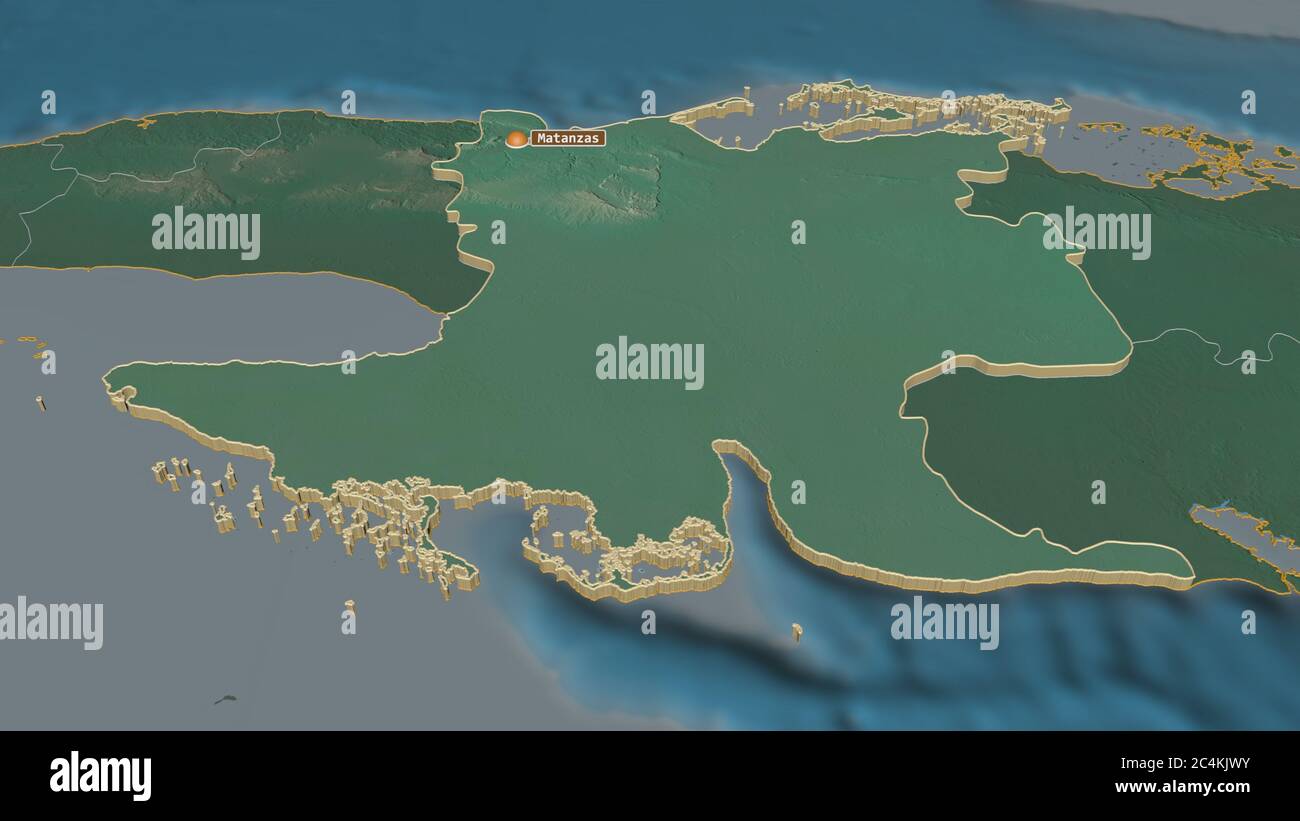 Zoom in on Matanzas (province of Cuba) extruded. Oblique perspective ...