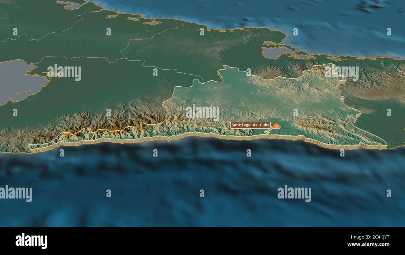 Zoom in on Santiago de Cuba (province of Cuba) extruded. Oblique ...