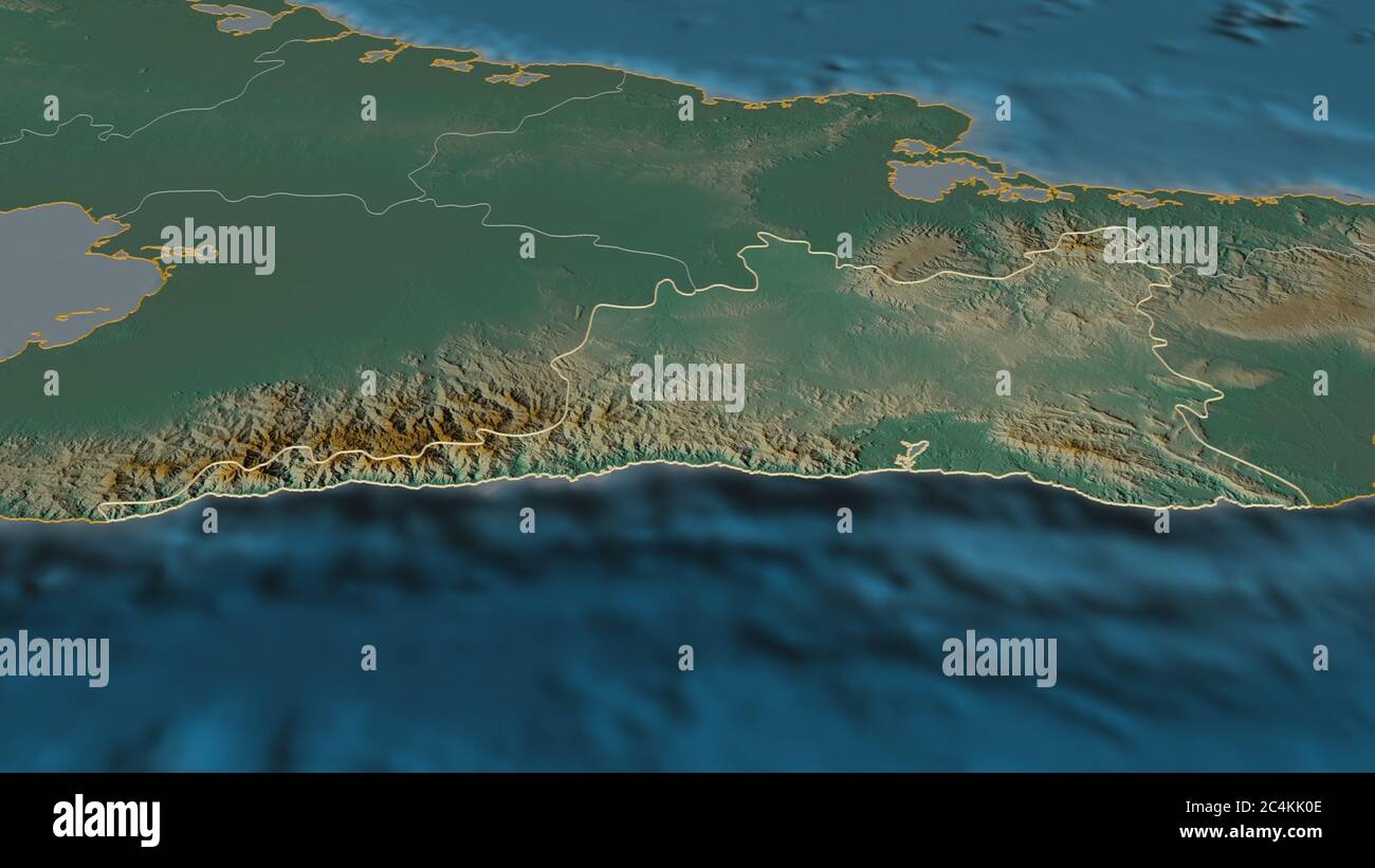 Zoom in on Santiago de Cuba (province of Cuba) outlined. Oblique ...