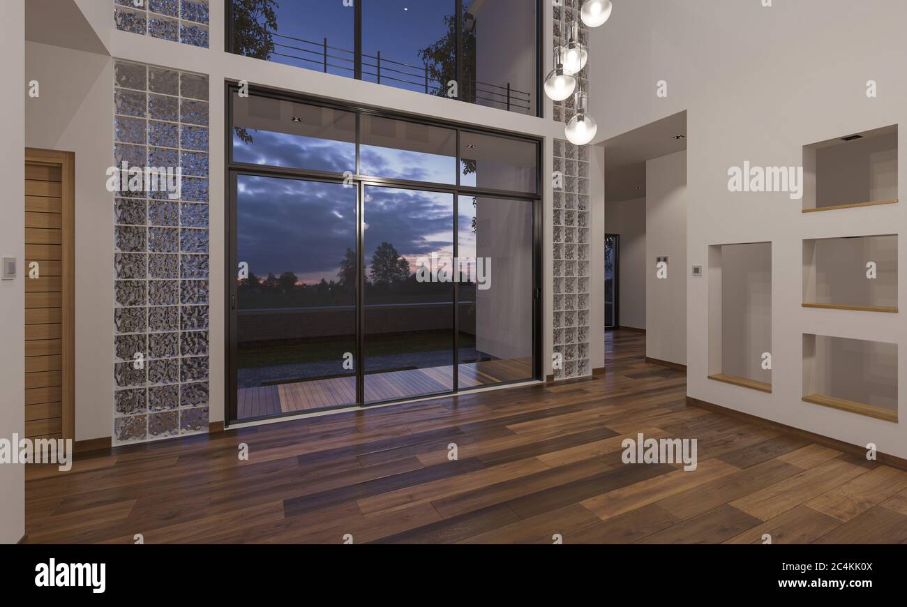 Illuminated First Floor Entrance with a View at Dusk Stock Photo - Alamy