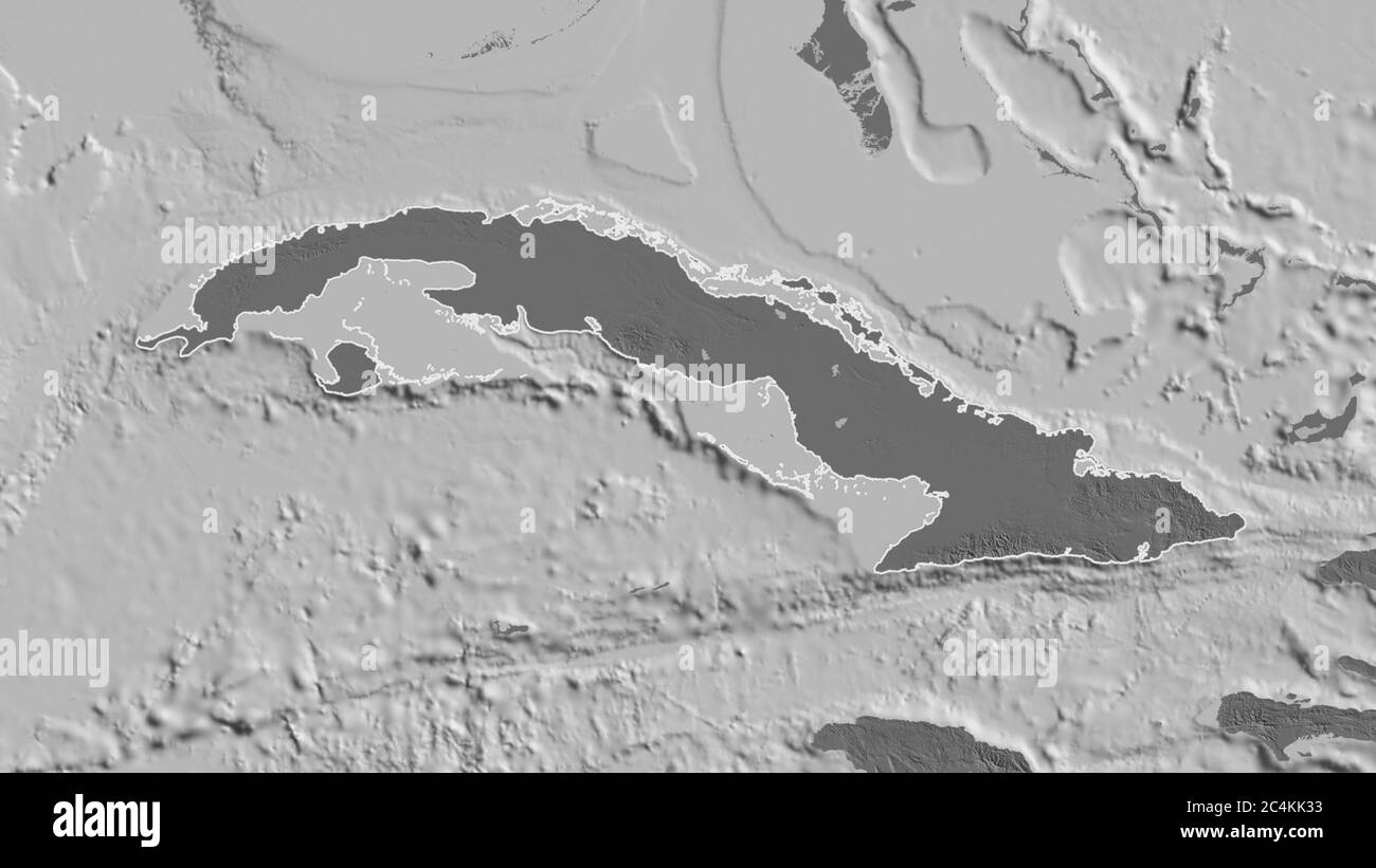 Outlined shape of the Cuba area. Bilevel elevation map with surface ...