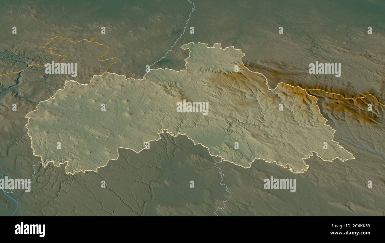 Zoom in on Liberecký (region of Czech Republic) outlined. Oblique ...