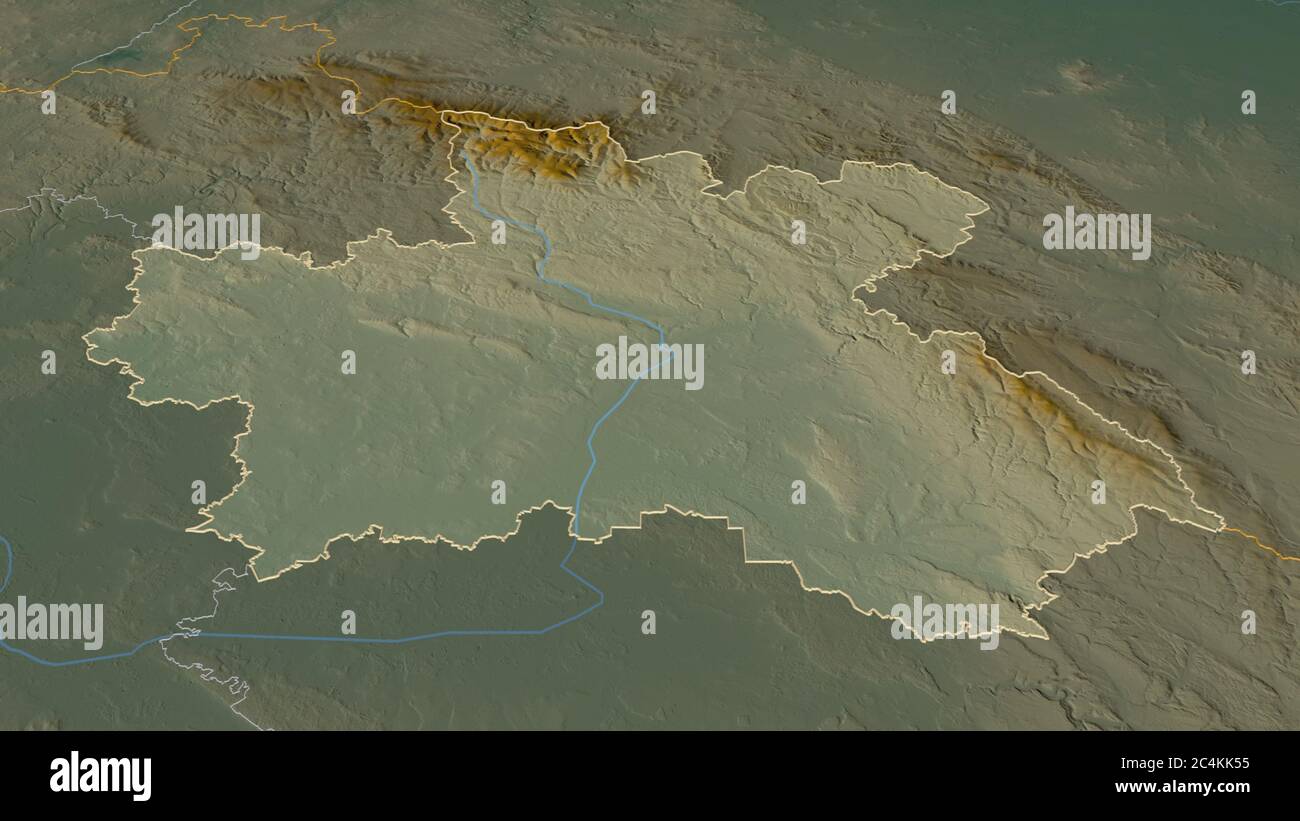 Zoom in on Královéhradecký (region of Czech Republic) outlined. Oblique ...