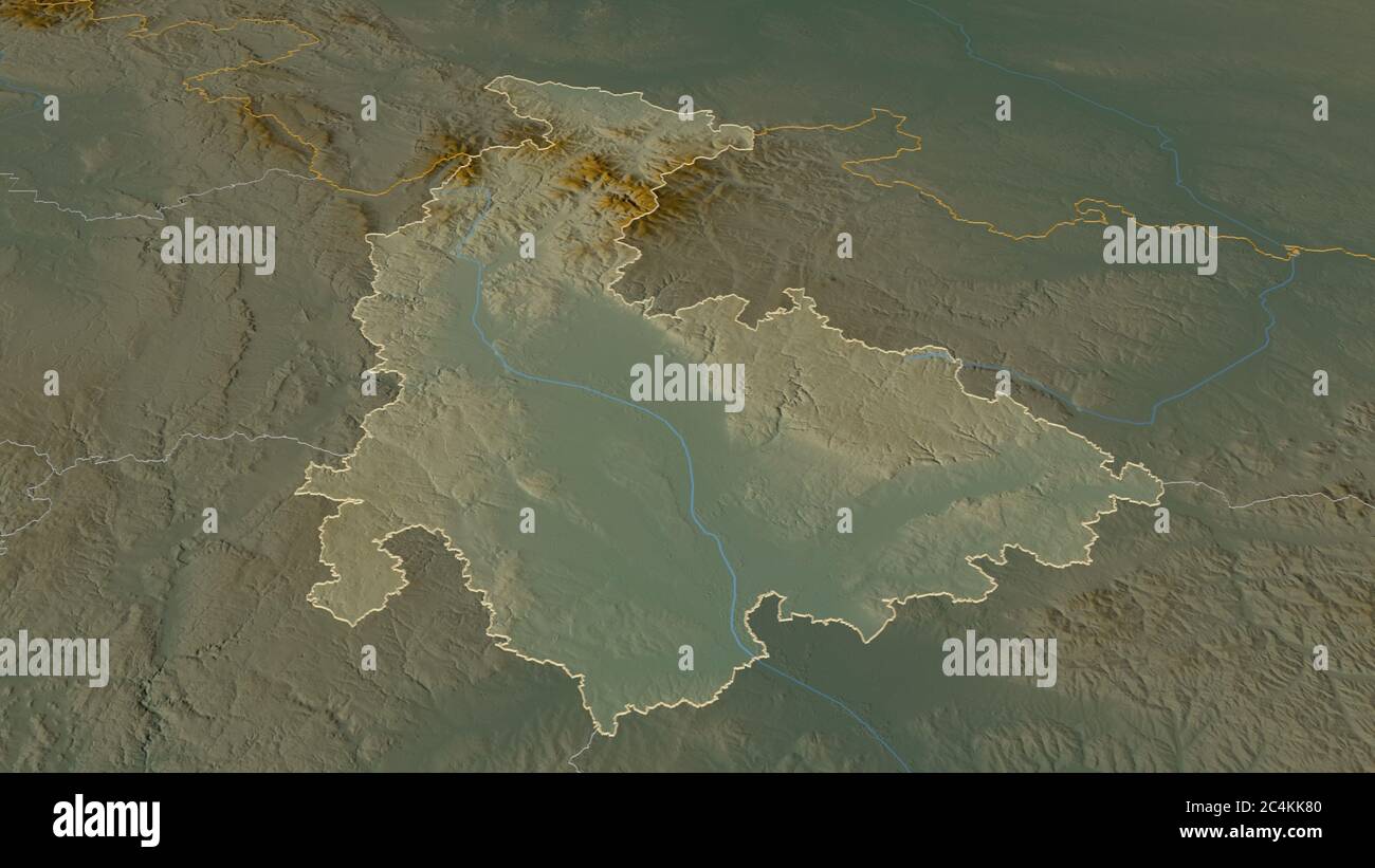 Zoom in on Olomoucký (region of Czech Republic) outlined. Oblique ...