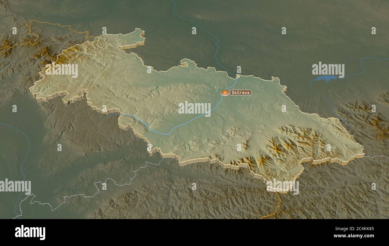 Zoom in on Moravskoslezský (region of Czech Republic) extruded. Oblique ...