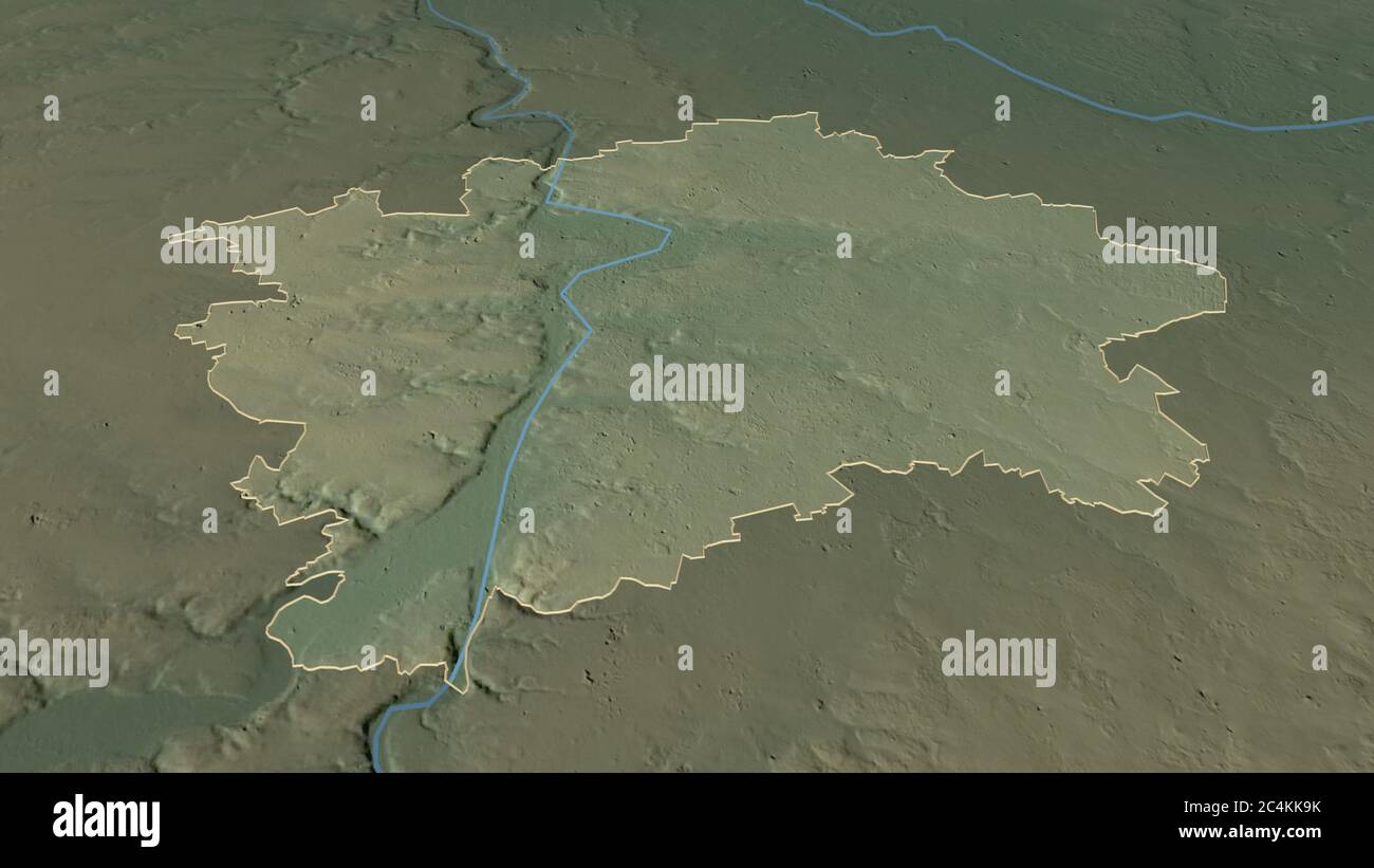 Zoom in on Prague (region of Czech Republic) outlined. Oblique ...