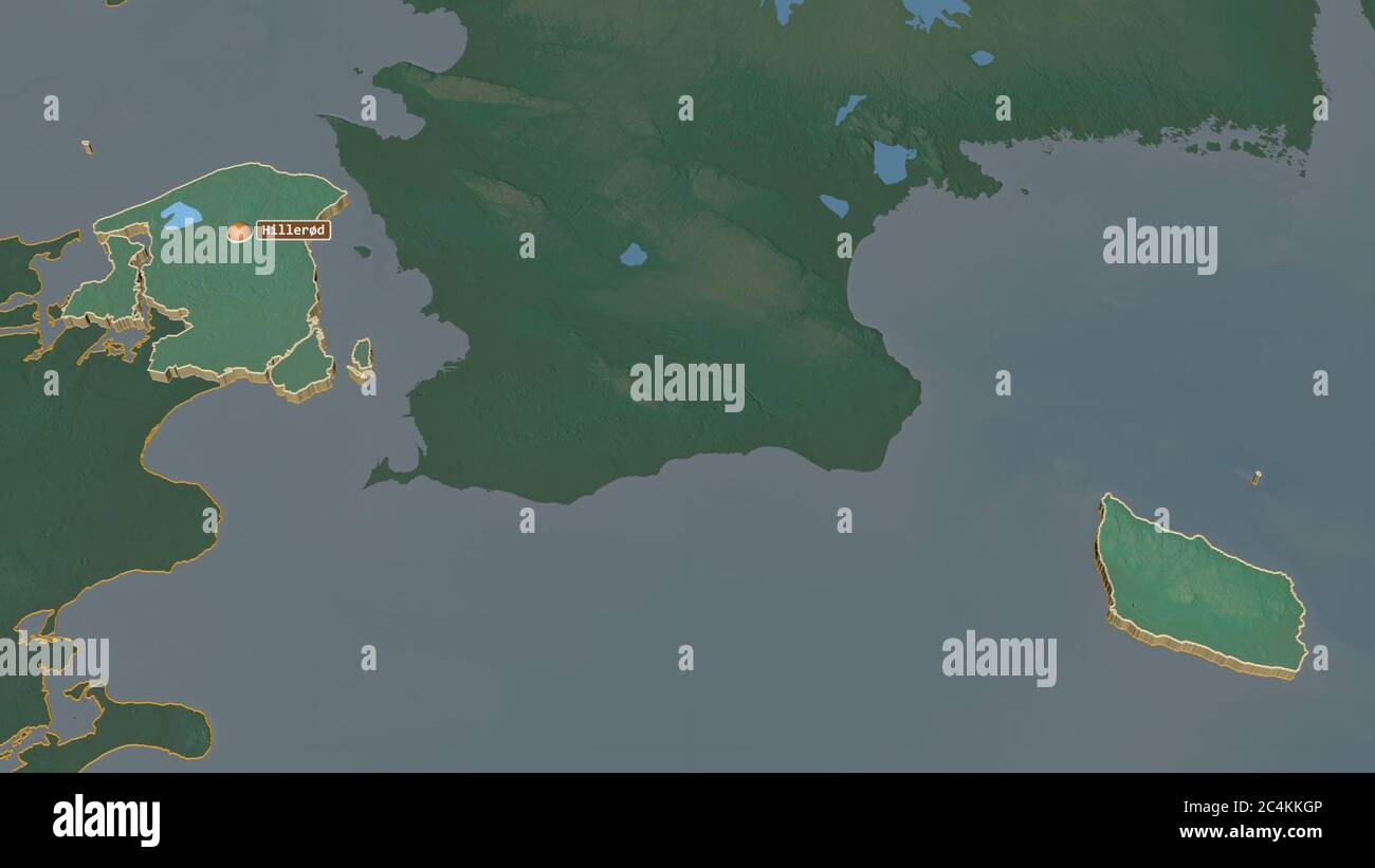 Zoom in on Hovedstaden (region of Denmark) extruded. Oblique ...