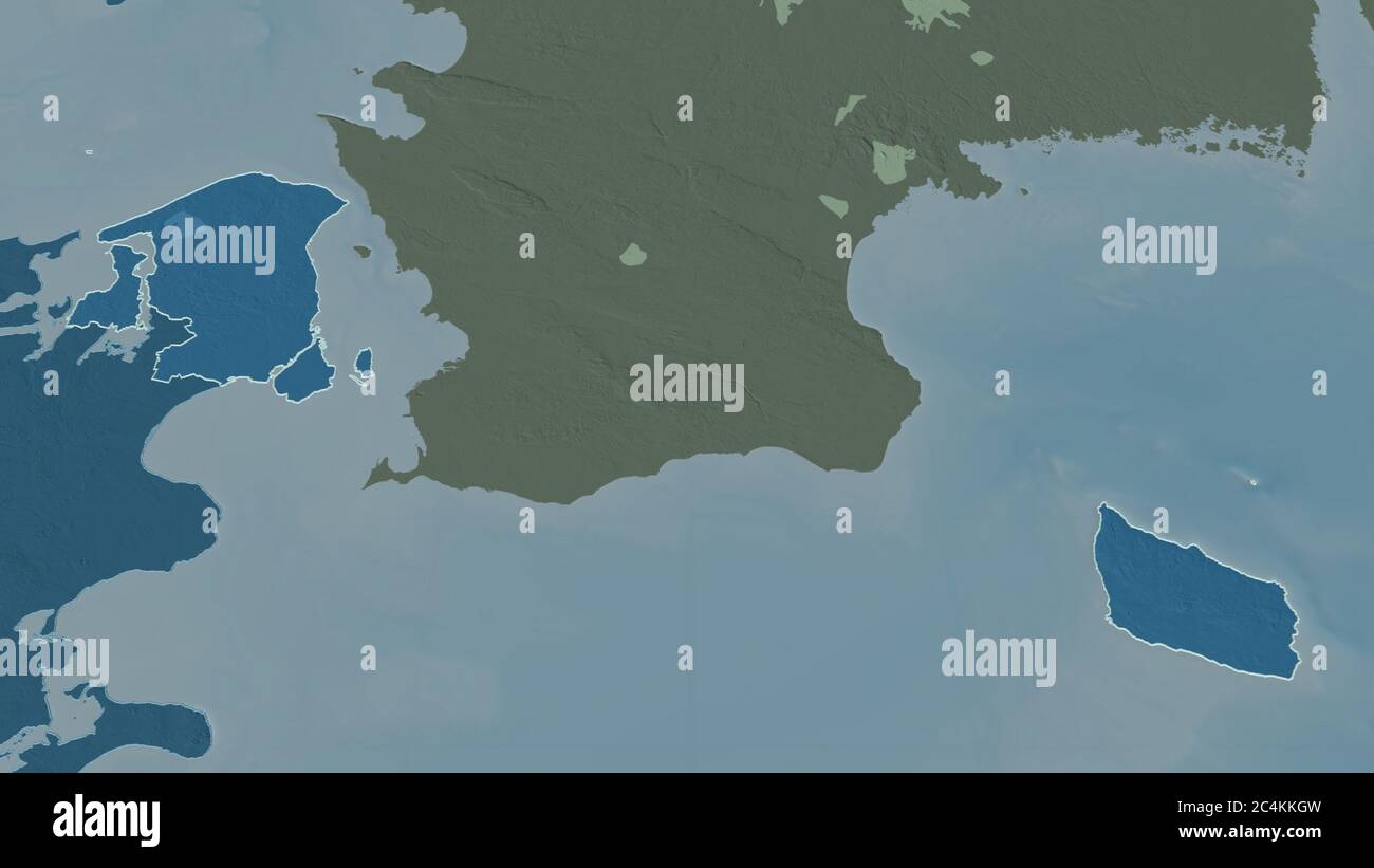 Zoom in on Hovedstaden (region of Denmark) outlined. Oblique ...