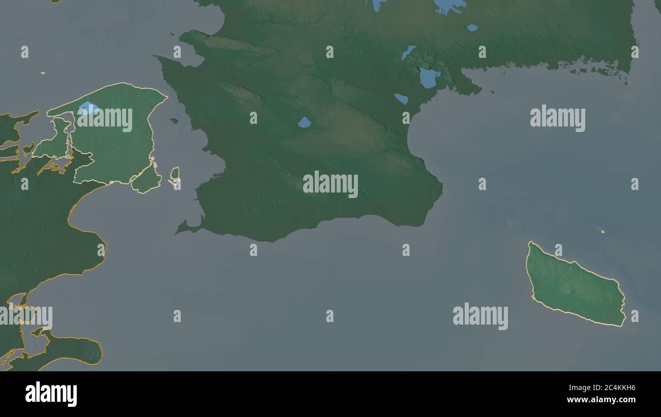 Zoom in on Hovedstaden (region of Denmark) outlined. Oblique ...