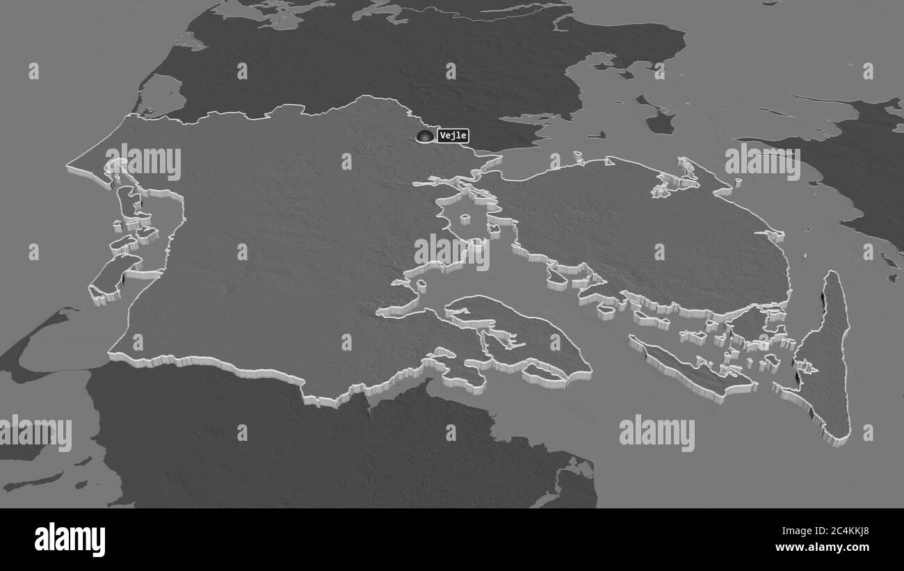 Zoom in on Syddanmark (region of Denmark) extruded. Oblique perspective. Bilevel elevation map ...