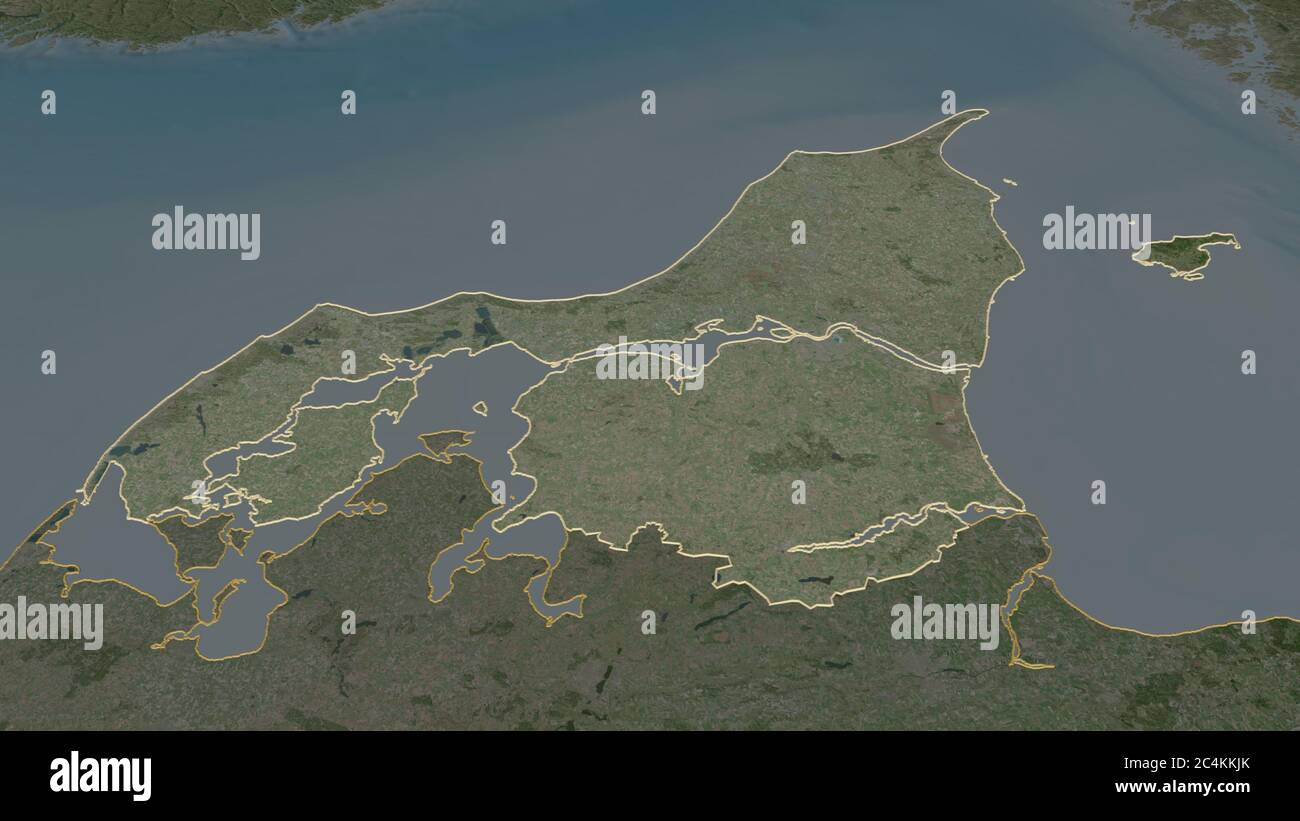 Zoom in on Nordjylland (region of Denmark) outlined. Oblique perspective. Satellite imagery. 3D ...
