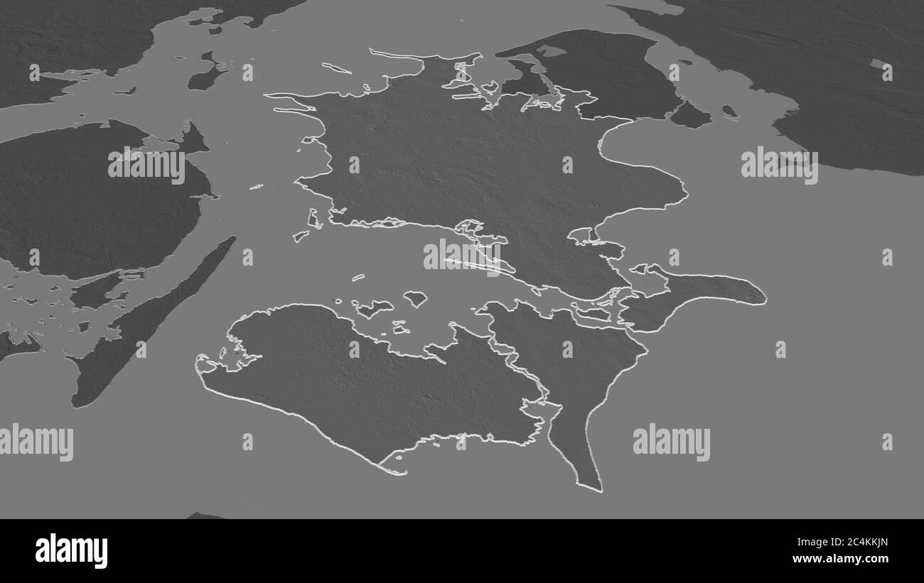 Zoom in on Sjælland (region of Denmark) outlined. Oblique perspective ...