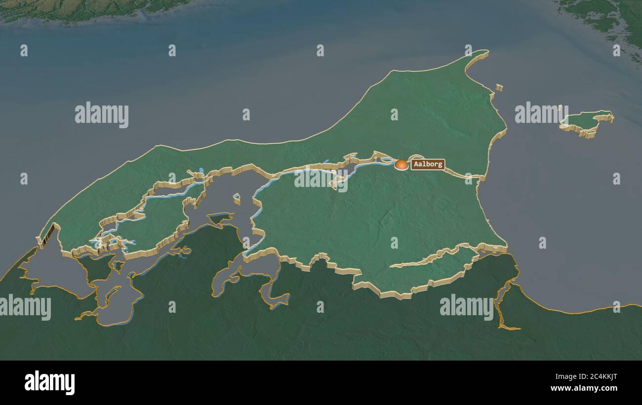 Zoom in on Nordjylland (region of Denmark) extruded. Oblique ...