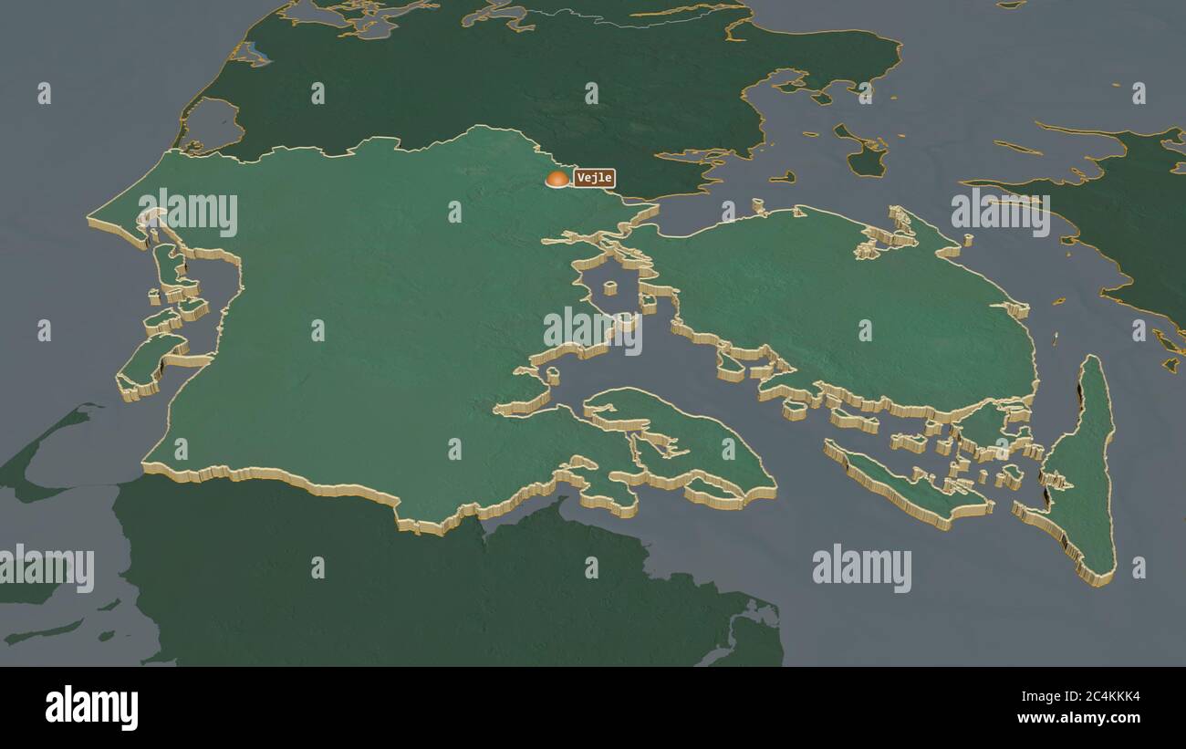 Zoom in on Syddanmark (region of Denmark) extruded. Oblique perspective ...