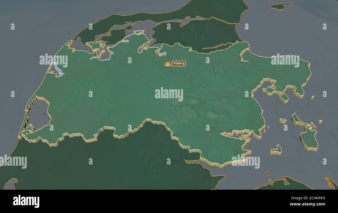 Zoom in on Midtjylland (region of Denmark) extruded. Oblique ...