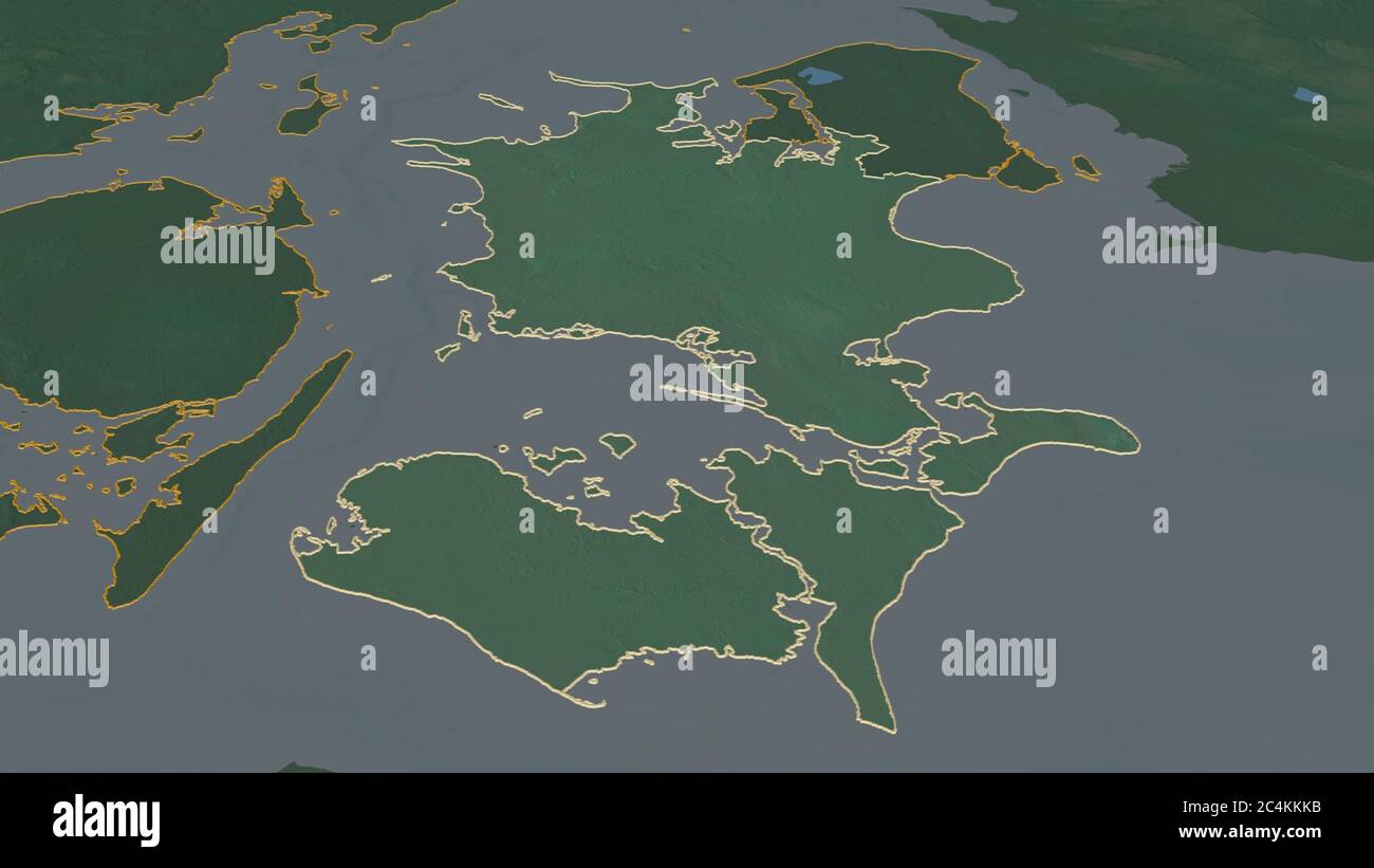 Zoom in on Sjælland (region of Denmark) outlined. Oblique perspective ...