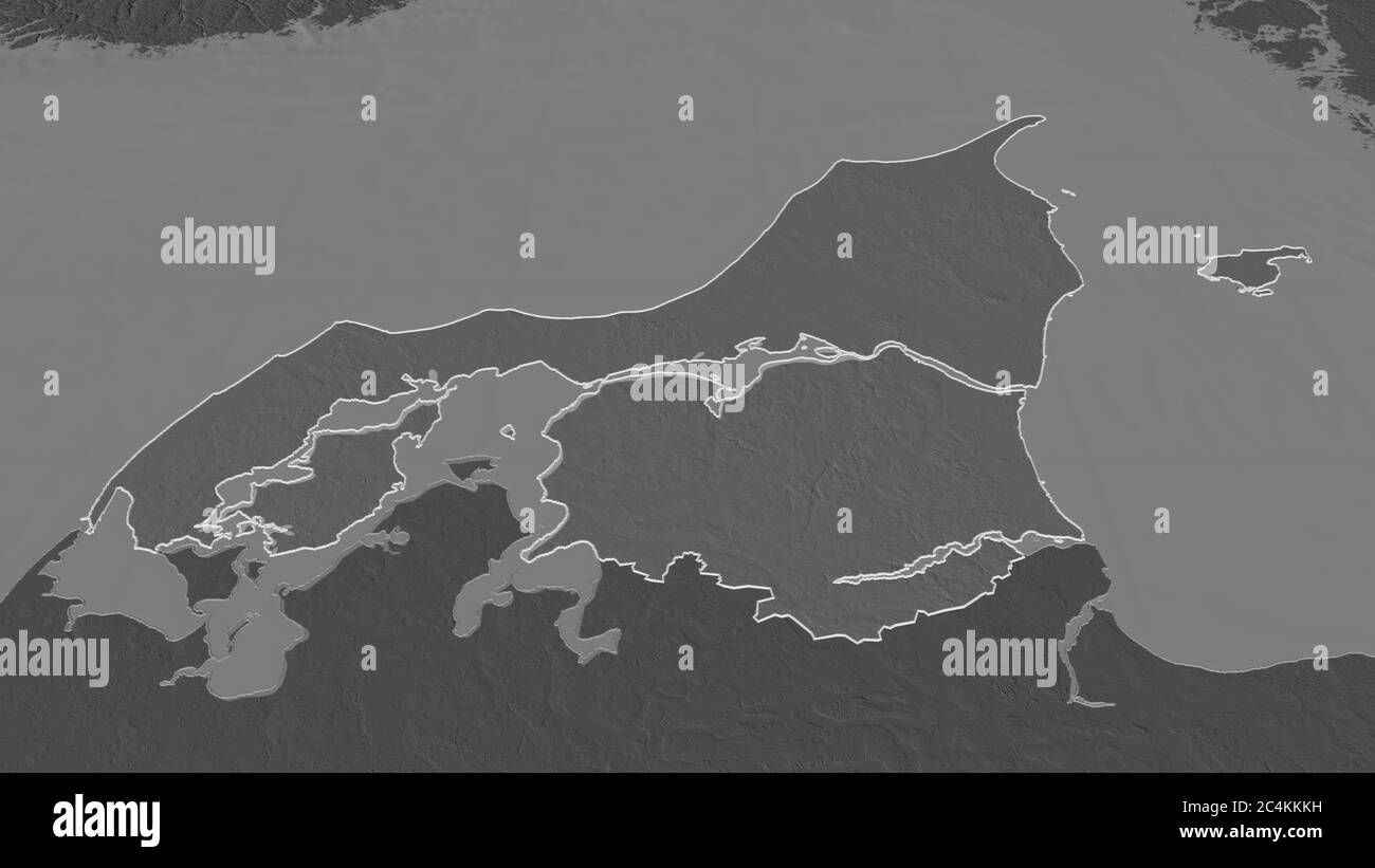 Zoom in on Nordjylland (region of Denmark) outlined. Oblique perspective. Bilevel elevation map ...
