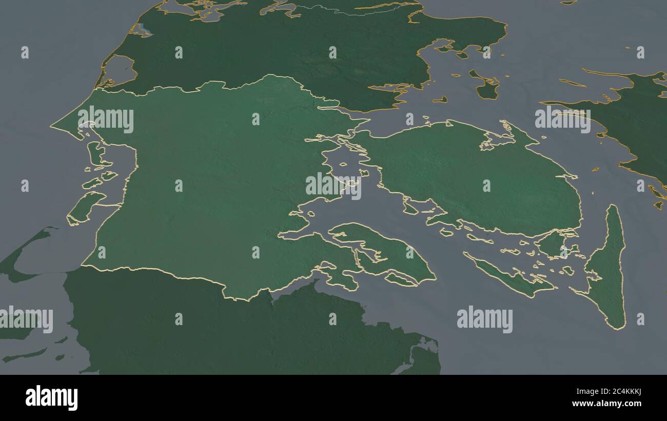 Zoom in on Syddanmark (region of Denmark) outlined. Oblique perspective ...