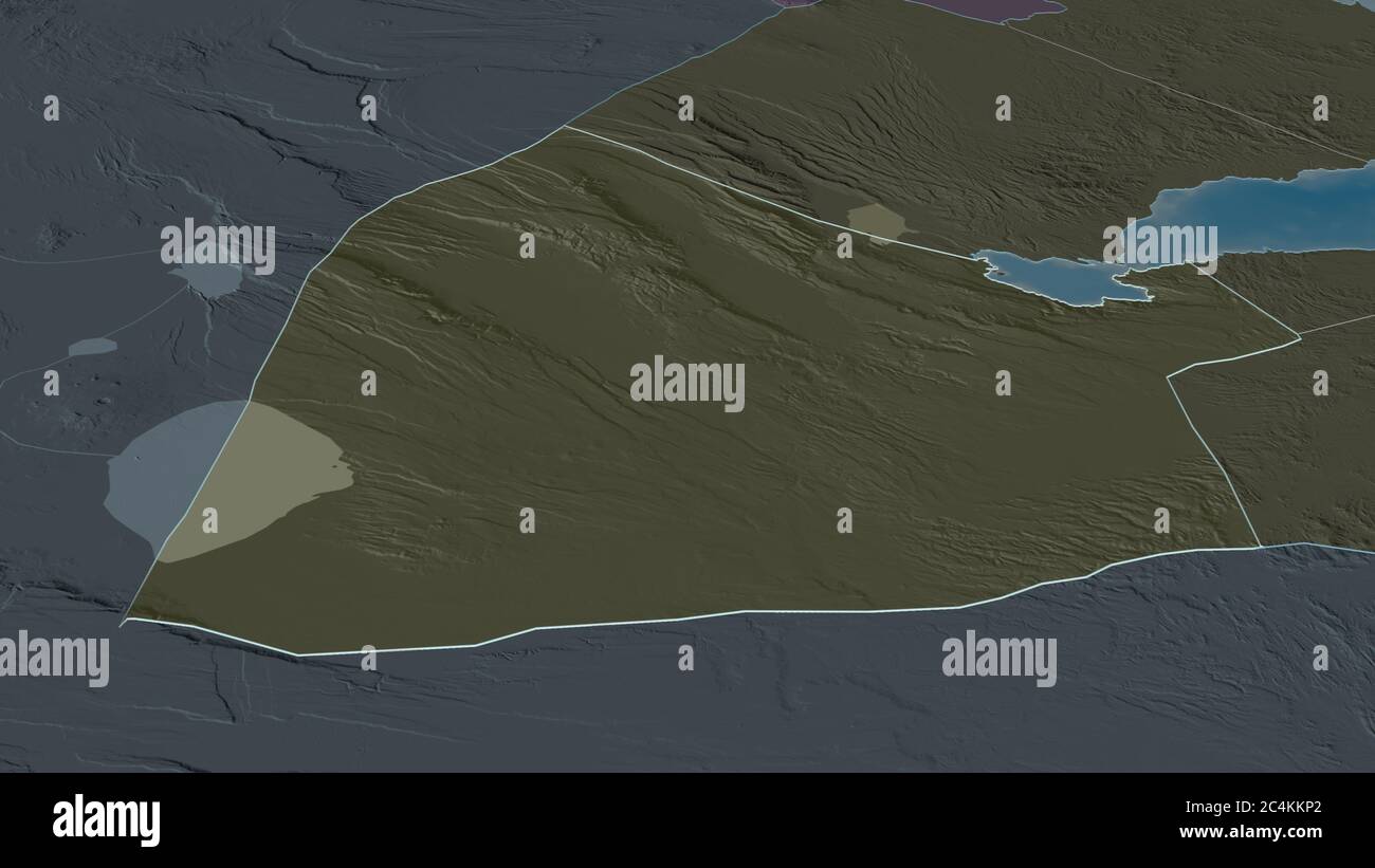Zoom in on Dikhil (region of Djibouti) outlined. Oblique perspective ...