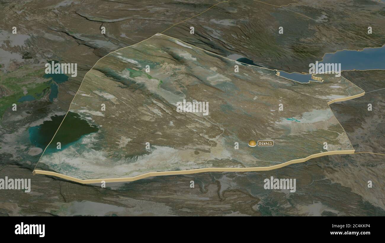 Zoom in on Dikhil (region of Djibouti) extruded. Oblique perspective ...