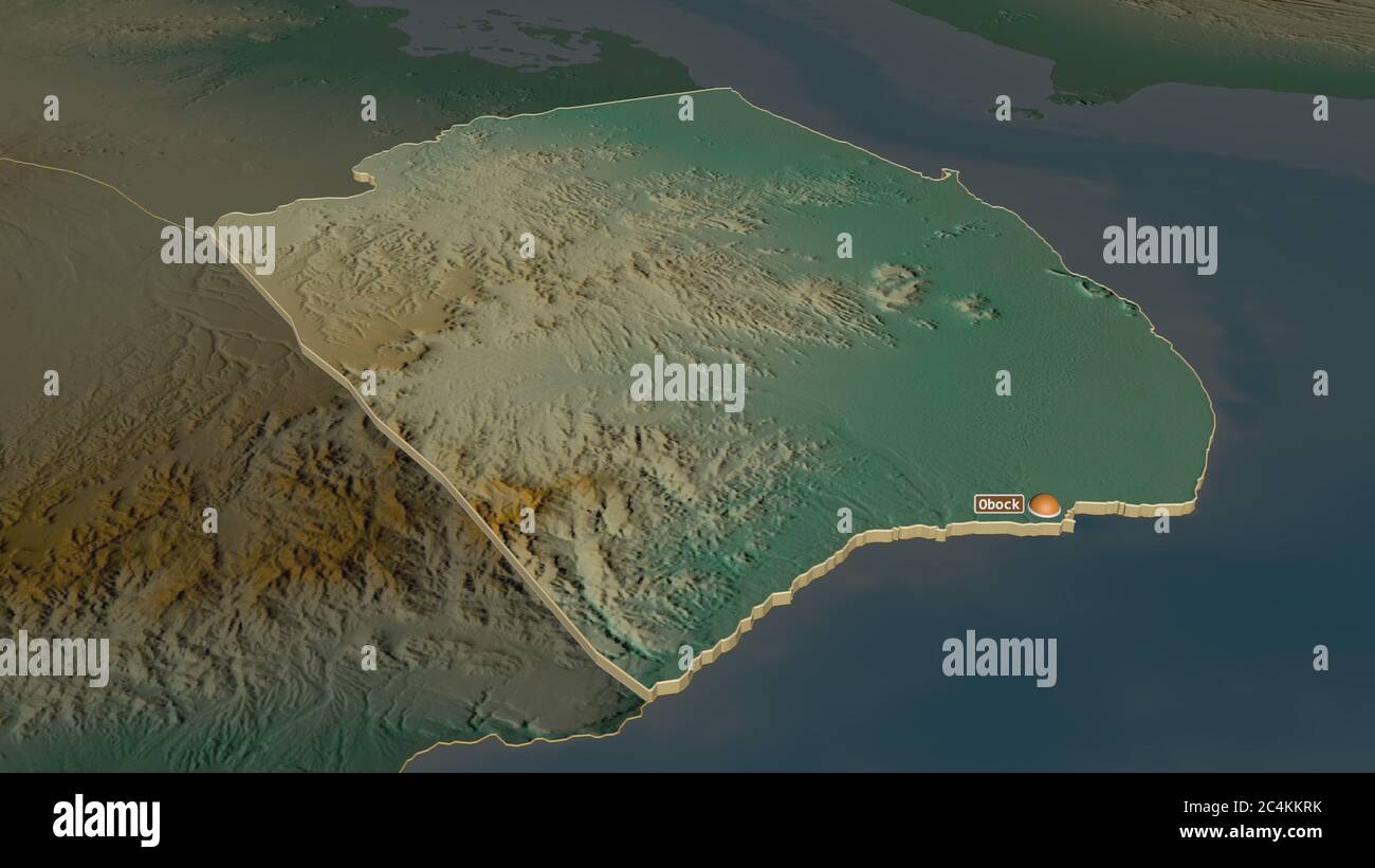 Zoom in on Obock (region of Djibouti) extruded. Oblique perspective ...