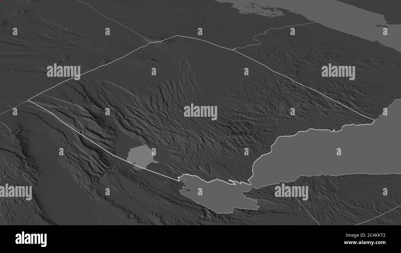 Zoom in on Tadjourah (region of Djibouti) outlined. Oblique perspective ...