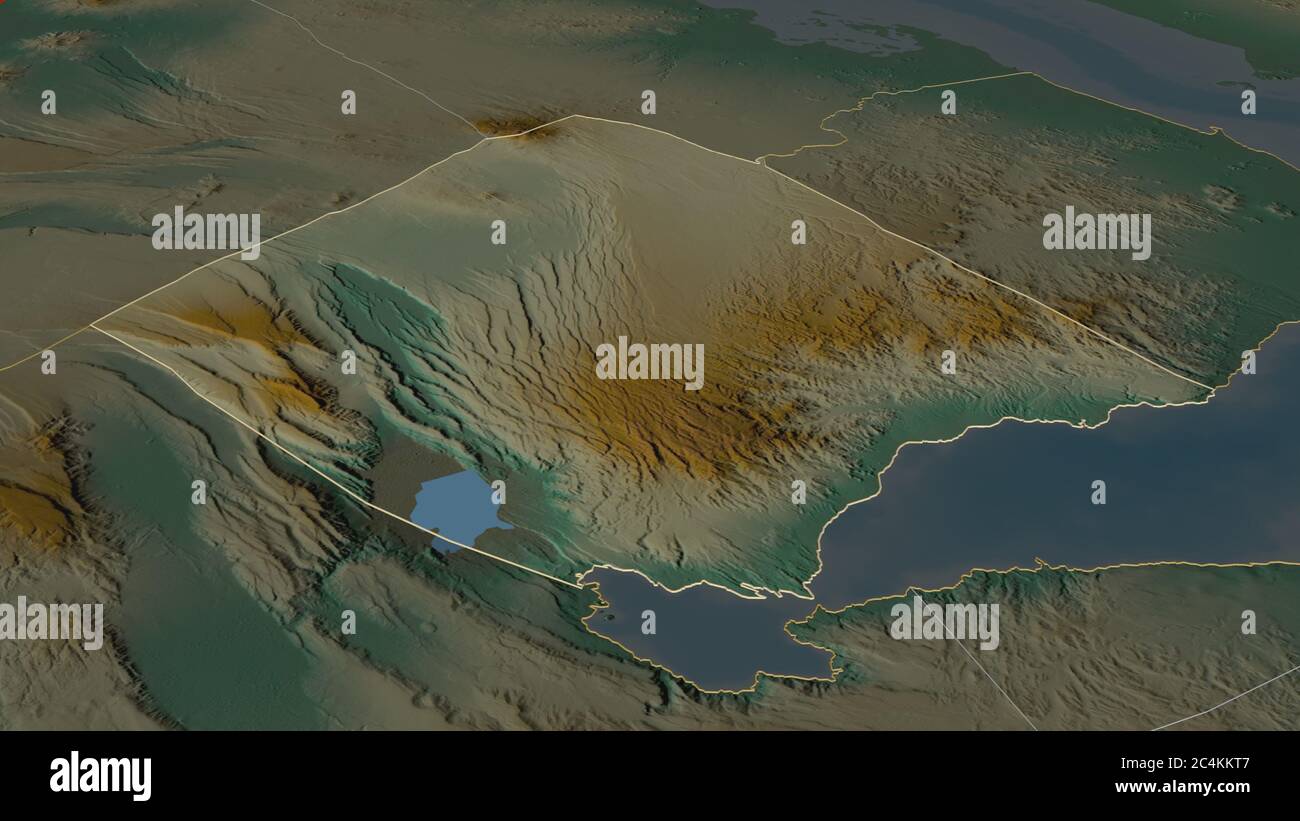 Zoom in on Tadjourah (region of Djibouti) outlined. Oblique perspective ...