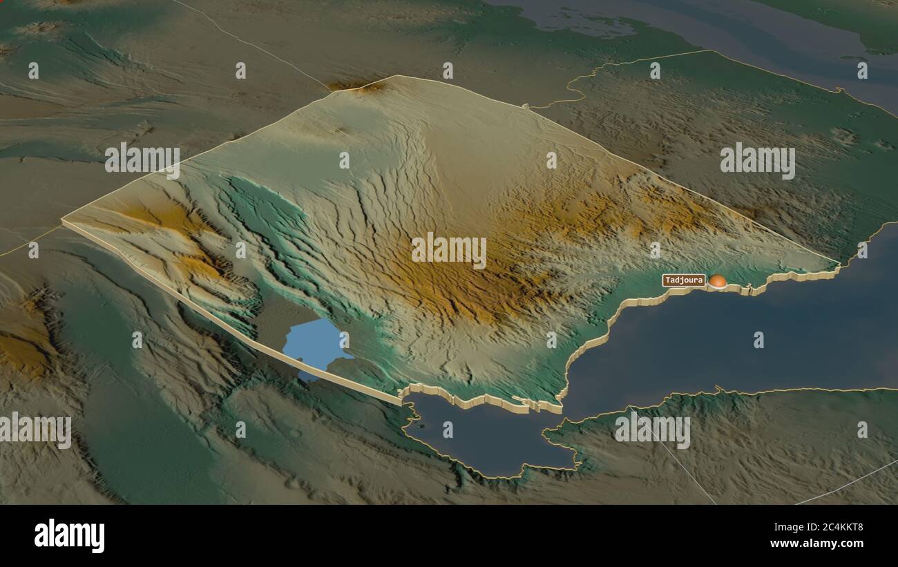 Zoom in on Tadjourah (region of Djibouti) extruded. Oblique perspective ...