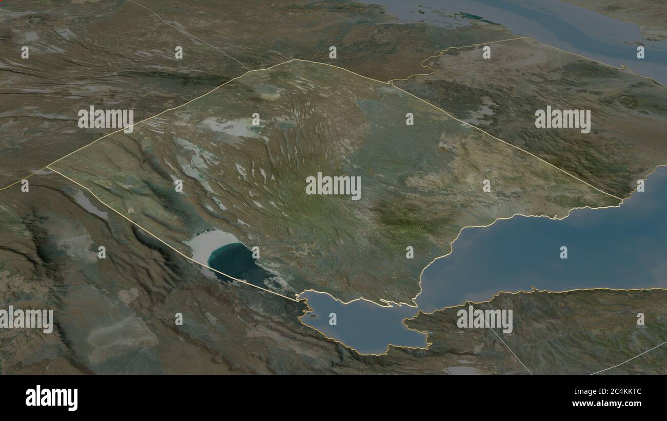 Zoom in on Tadjourah (region of Djibouti) outlined. Oblique perspective ...
