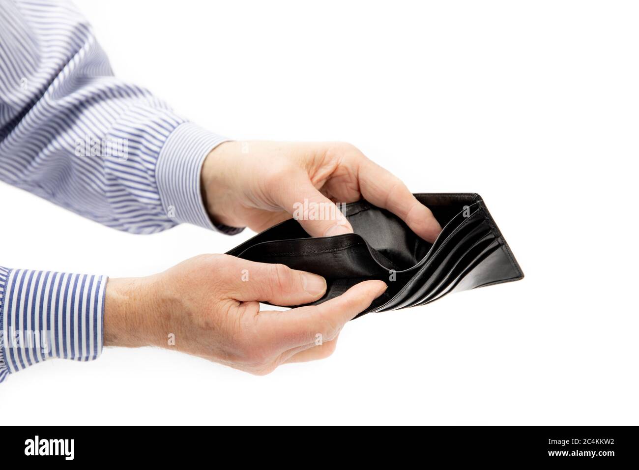 a man opens his wallet to show it is empty isolated on white Stock ...