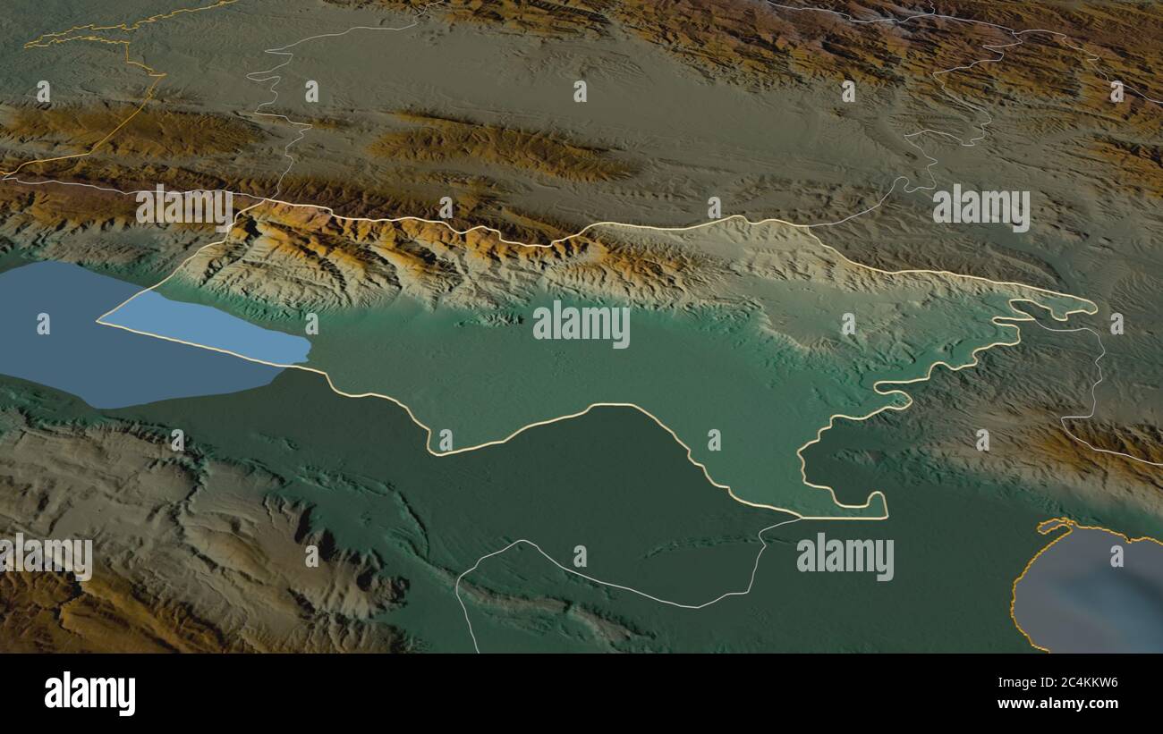 Zoom in on Bahoruco (province of Dominican Republic) outlined. Oblique ...