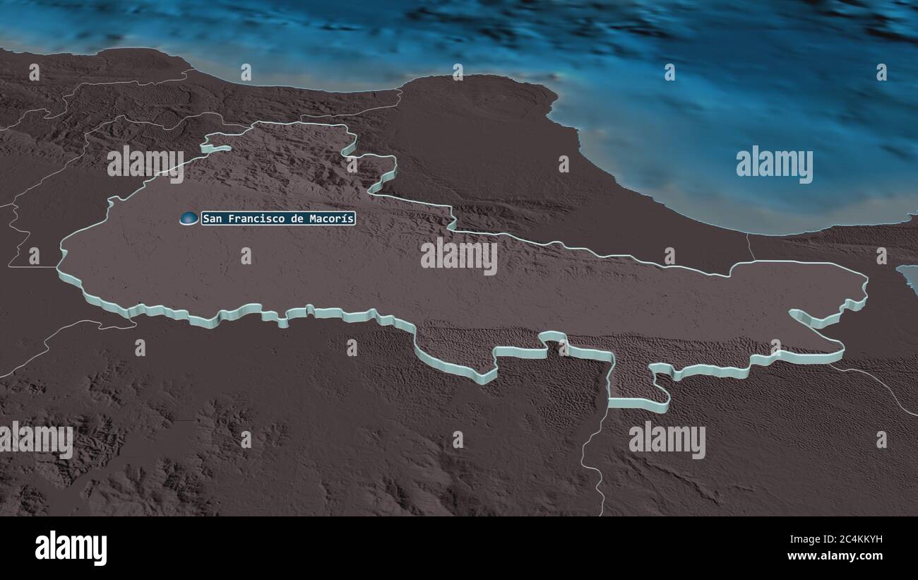Zoom in on Duarte (province of Dominican Republic) extruded. Oblique ...