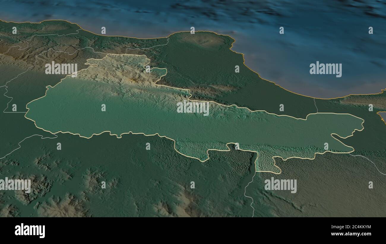 Zoom in on Duarte (province of Dominican Republic) outlined. Oblique ...
