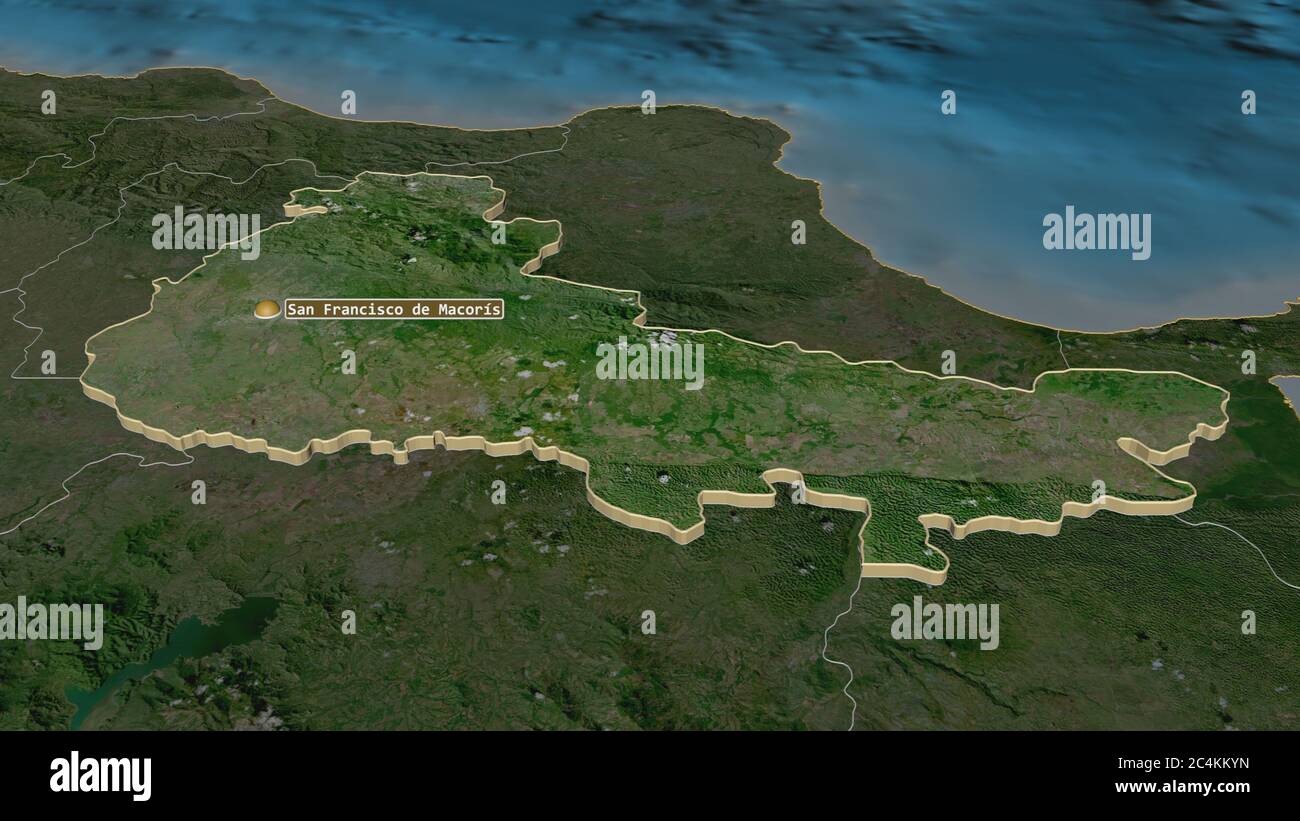 Zoom in on Duarte (province of Dominican Republic) extruded. Oblique ...