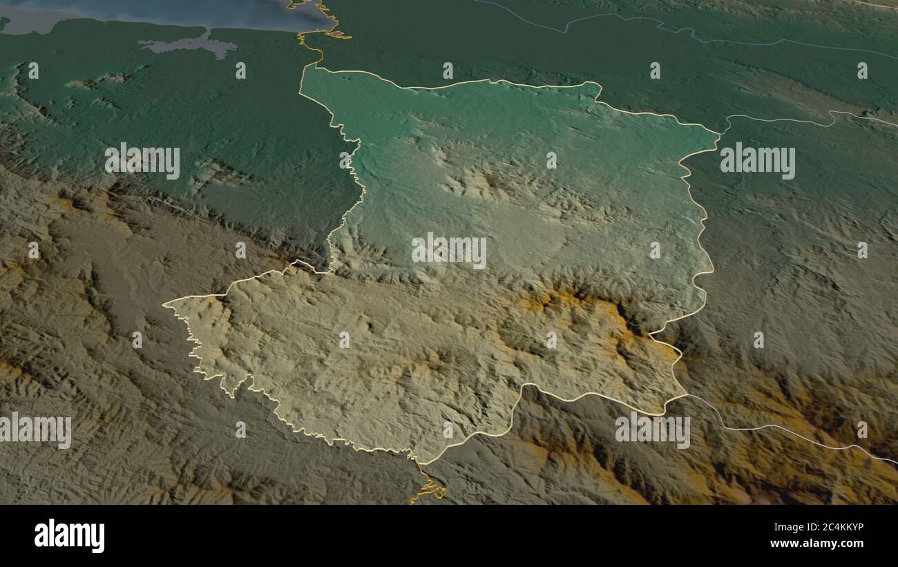 Zoom in on Dajabón (province of Dominican Republic) outlined. Oblique ...