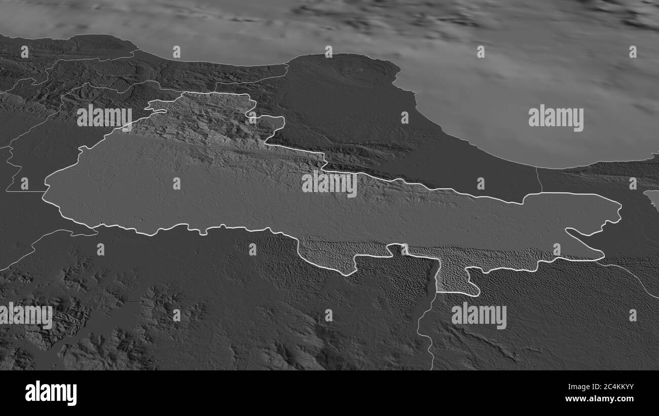 Zoom in on Duarte (province of Dominican Republic) outlined. Oblique ...