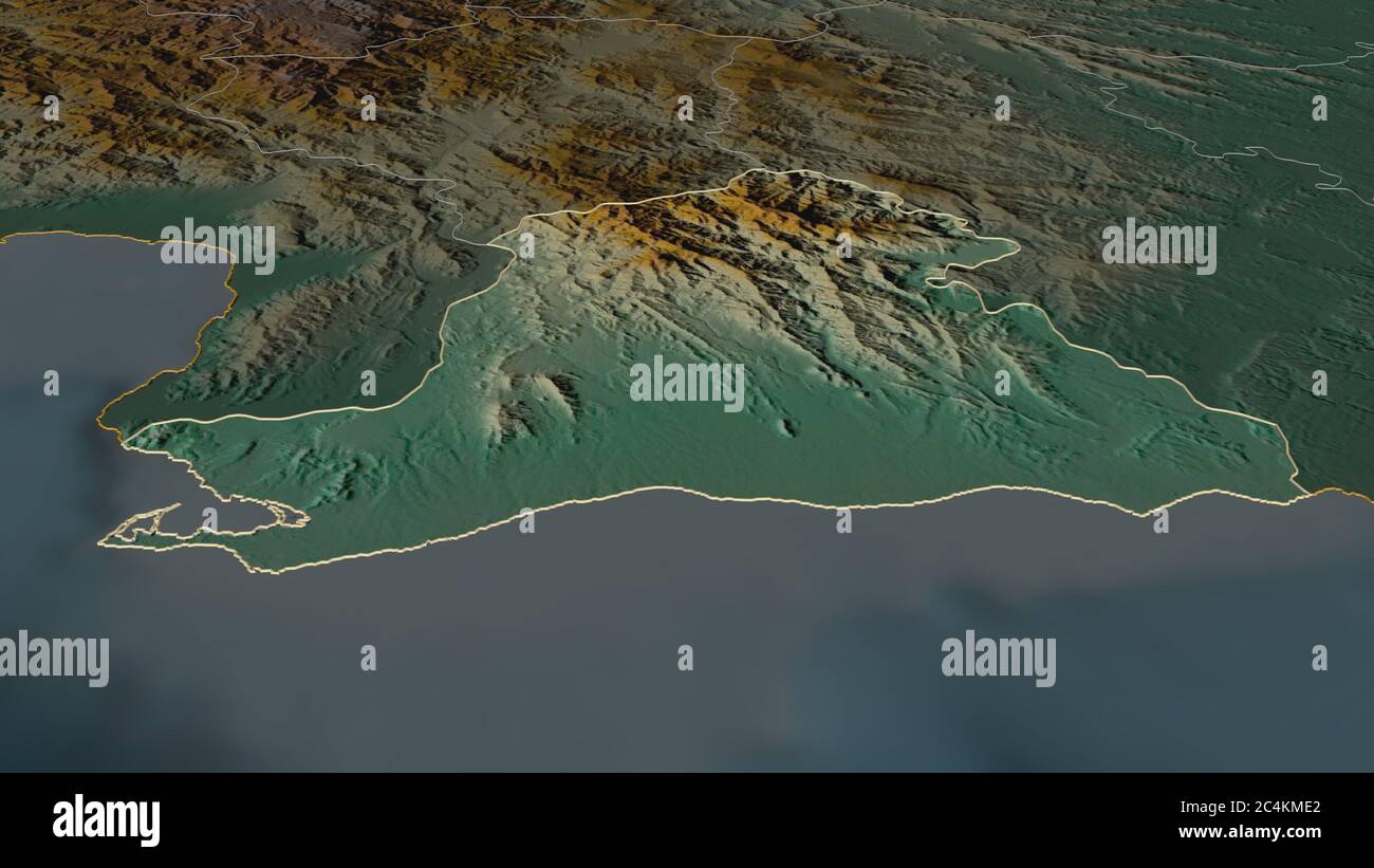 Zoom in on Peravia (province of Dominican Republic) outlined. Oblique ...