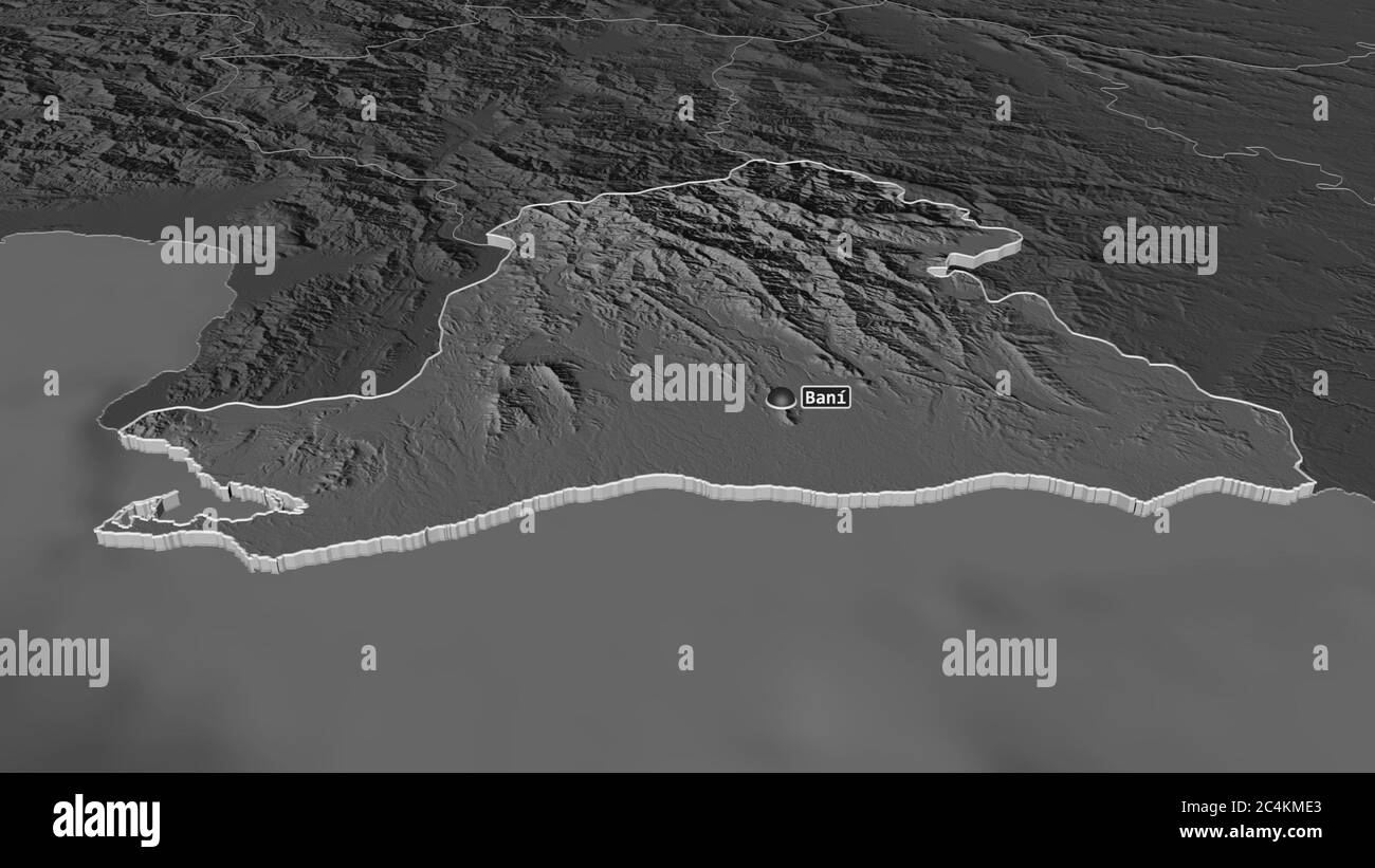 Zoom in on Peravia (province of Dominican Republic) extruded. Oblique ...