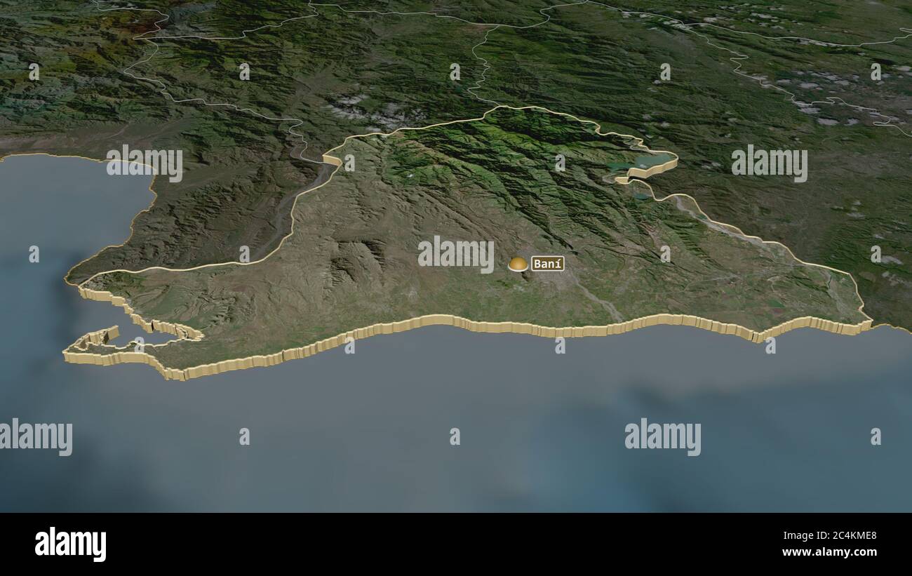 Zoom in on Peravia (province of Dominican Republic) extruded. Oblique ...