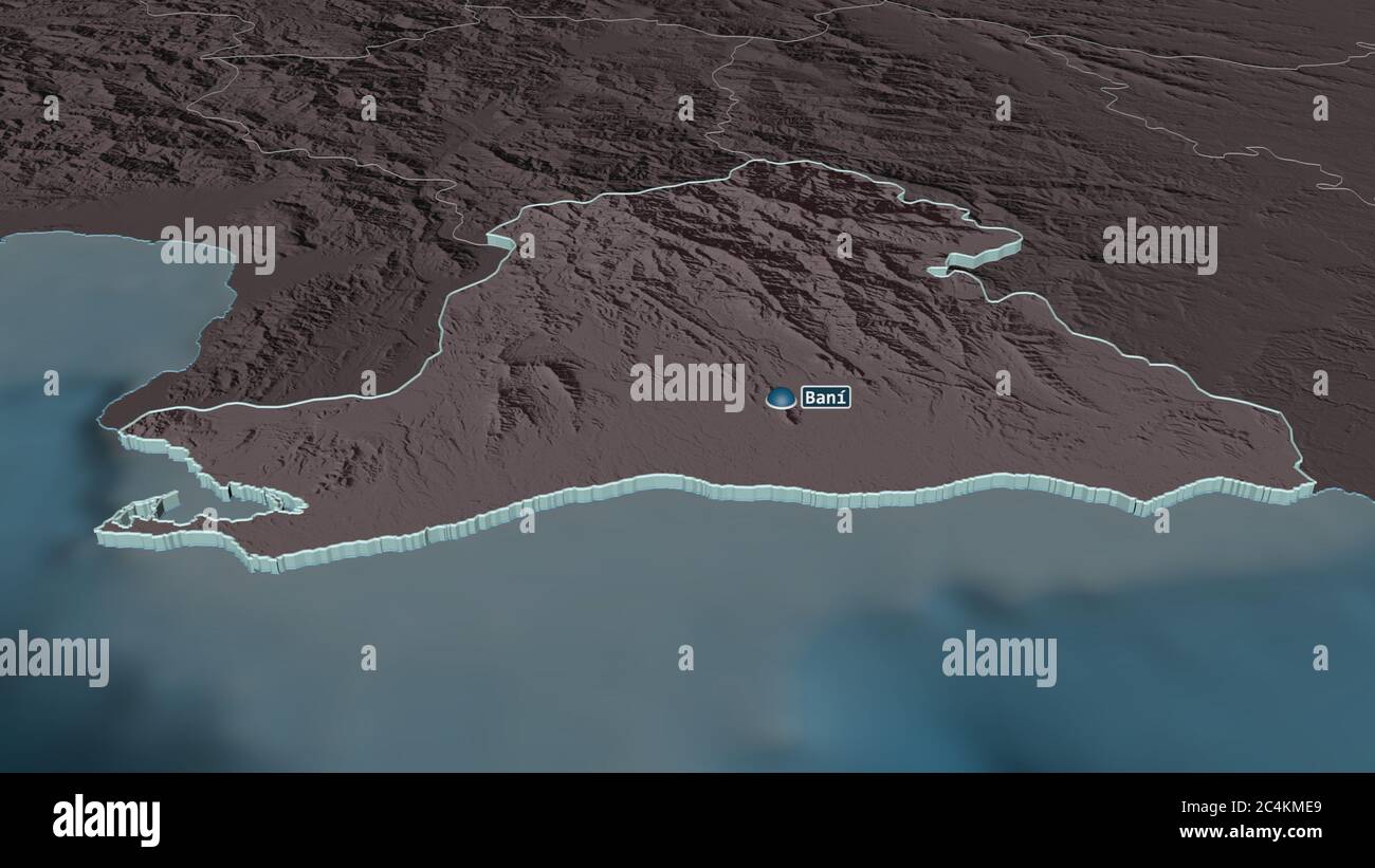 Zoom in on Peravia (province of Dominican Republic) extruded. Oblique ...