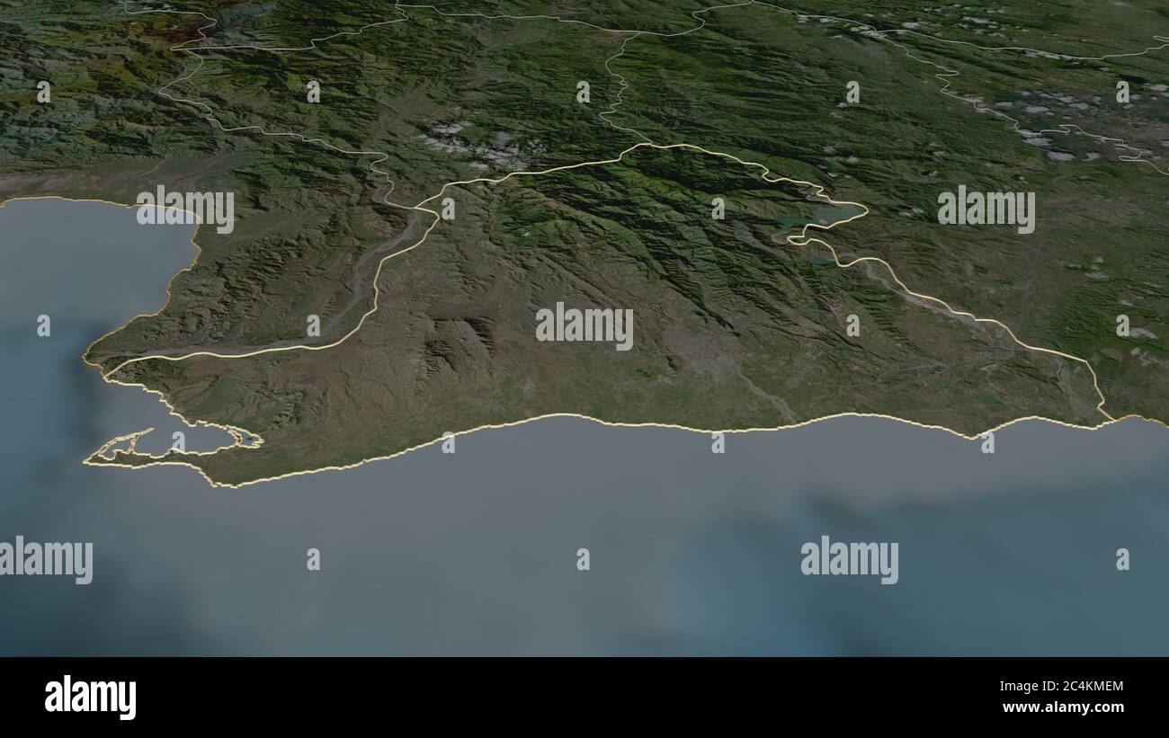 Zoom in on Peravia (province of Dominican Republic) outlined. Oblique ...