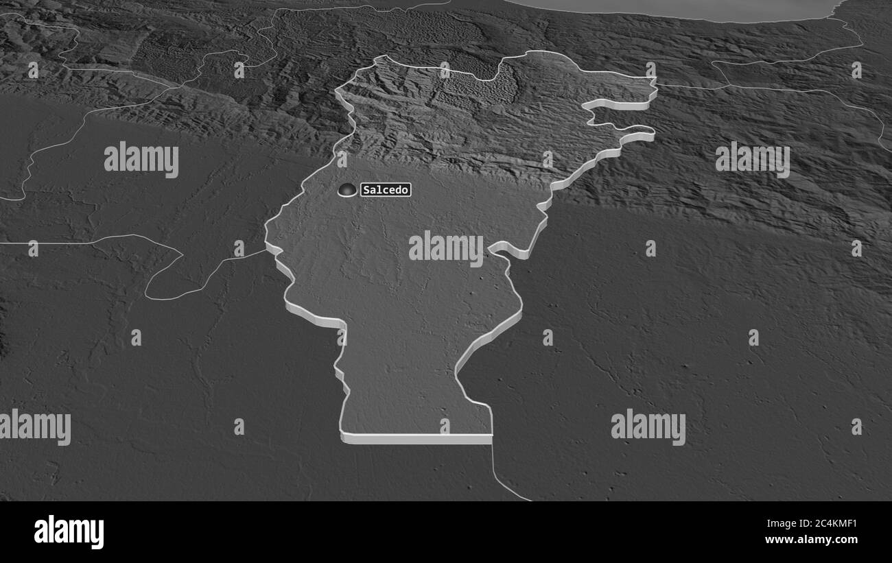 Zoom in on Salcedo (province of Dominican Republic) extruded. Oblique ...