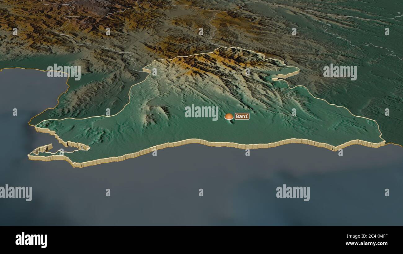 Zoom in on Peravia (province of Dominican Republic) extruded. Oblique ...