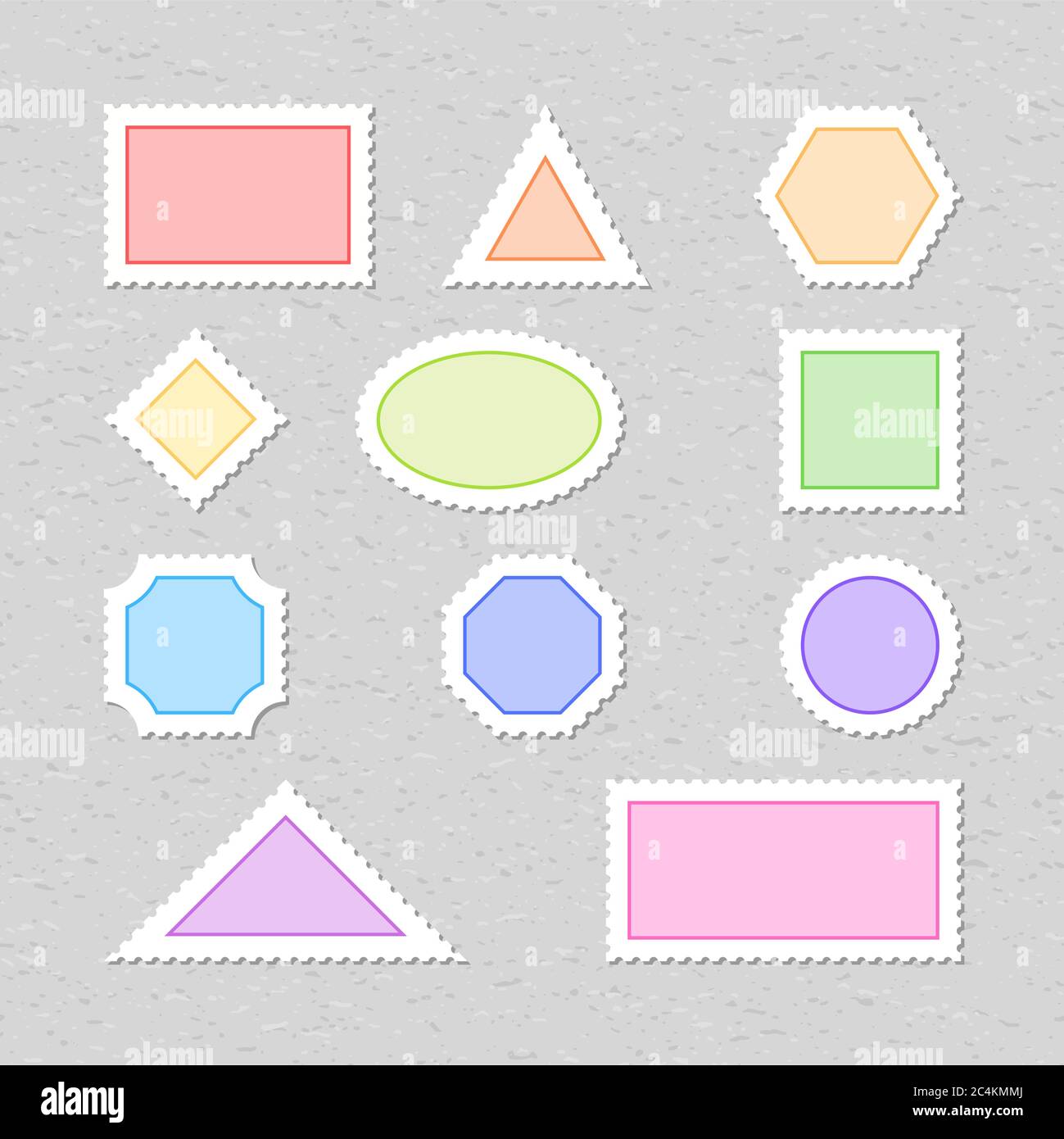 Blank color postage stamps are on a background of old gray paper. The ...