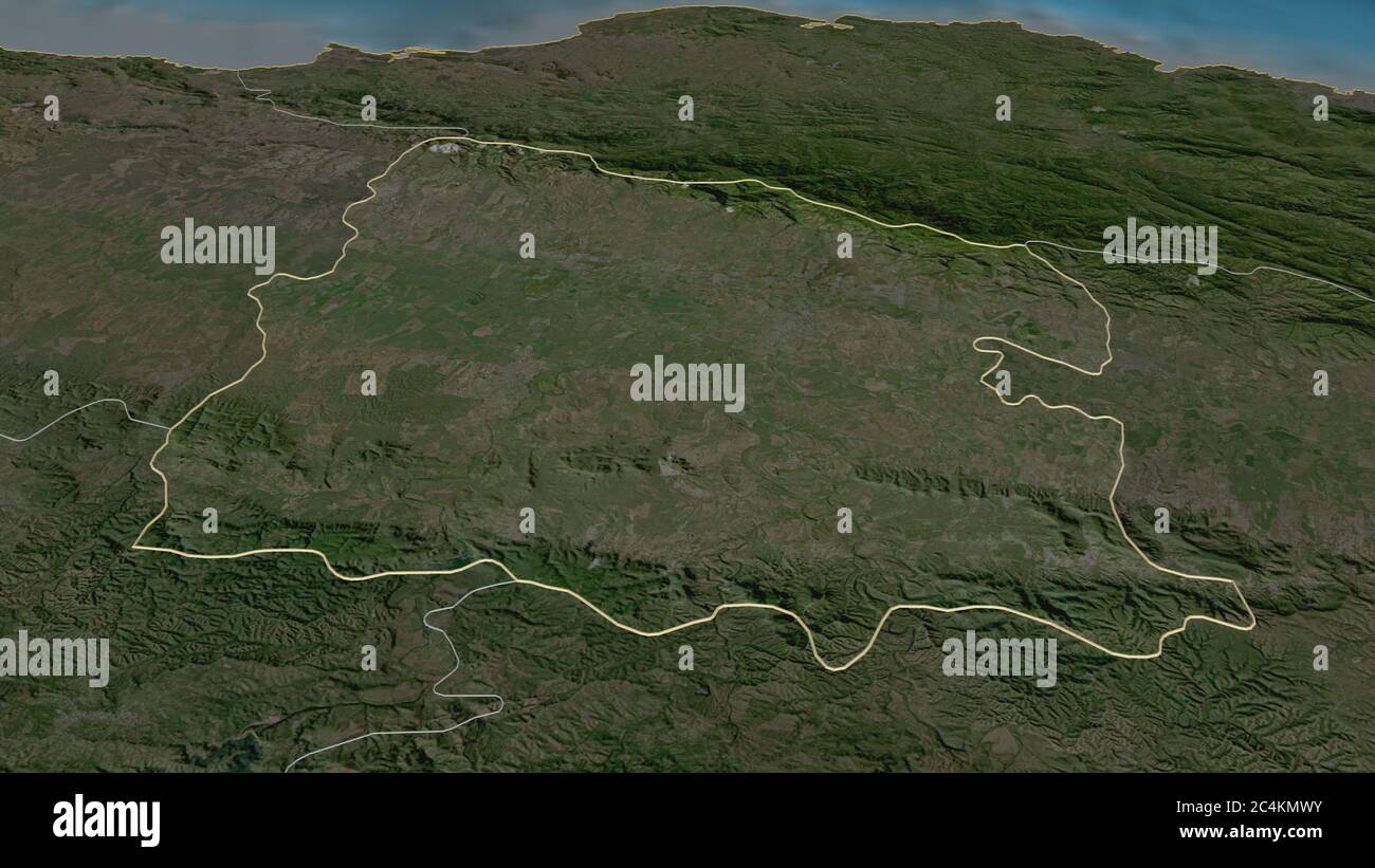 Zoom in on Valverde (province of Dominican Republic) outlined. Oblique ...