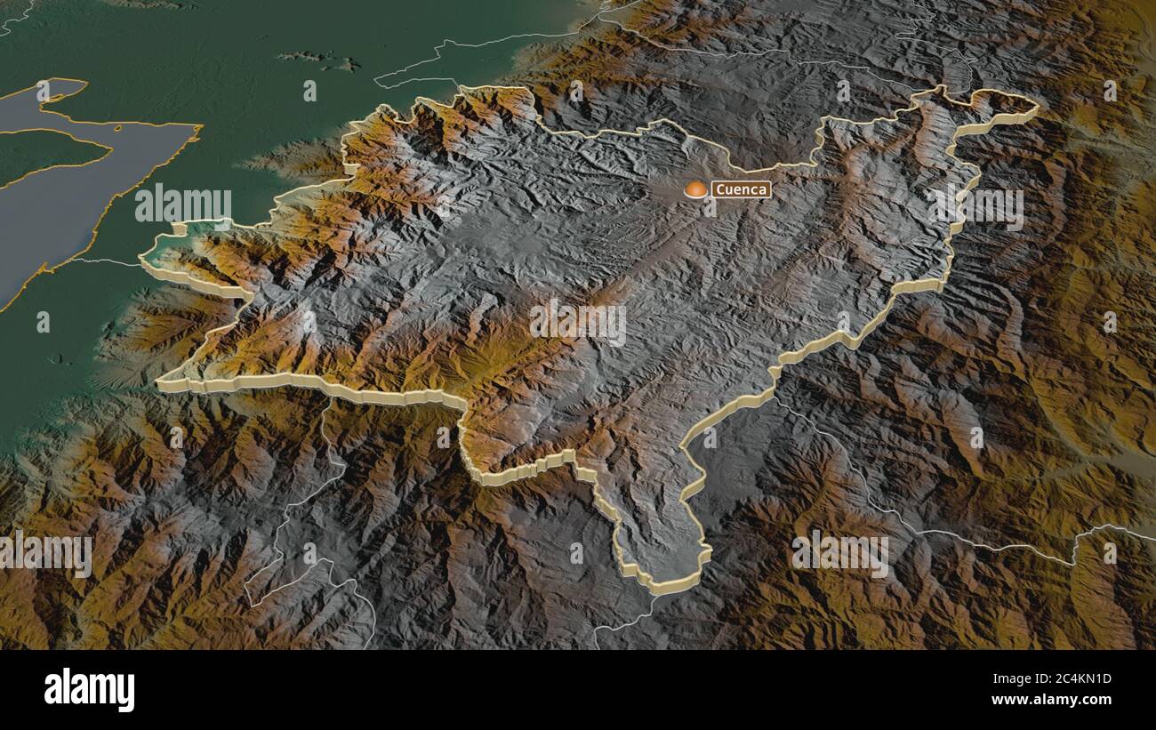 Zoom in on Azuay (province of Ecuador) extruded. Oblique perspective ...